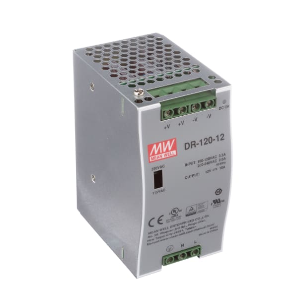 MEAN WELL - DR-120-12 - Power Supply,AC-DC,12V,10A,88-132/176-264V In,Enclosed,DIN Rail,120W,DR ...