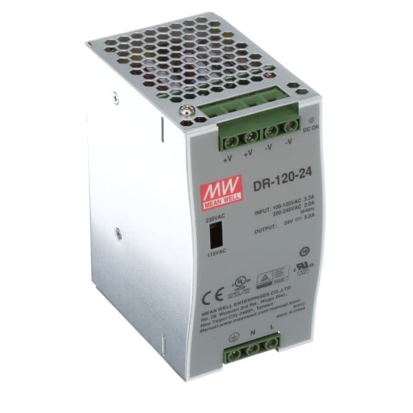 MEAN WELL - DR-120-24 - Power Supply,AC-DC,24V,5A,88-132/176-264V In,Enclosed,DIN Rail,120W,DR ...