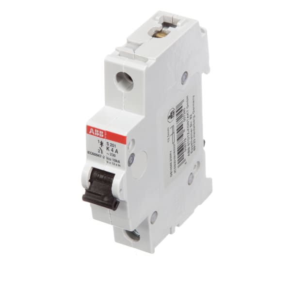 ABB - S201-K4 - Circuit Breaker, Supplementary, K Curve, 1-Pole, 4A, 480Y/277 VAC, UL1077, DIN - RS