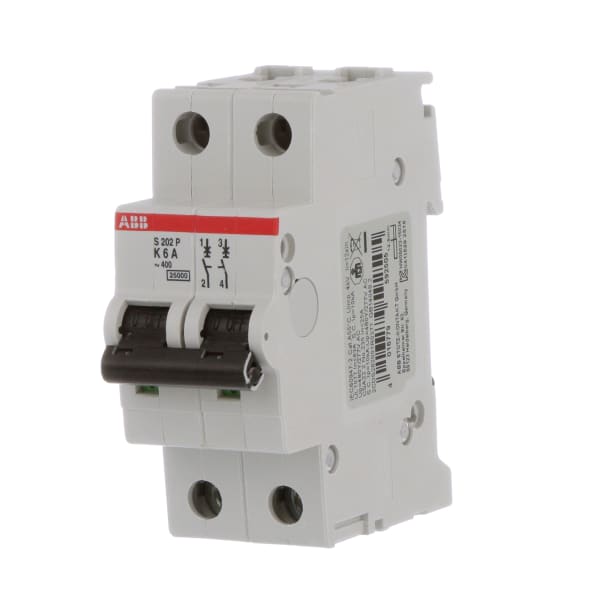 ABB - S202P-K6 - Circuit Breaker, Supplementary, K Curve, 2-Pole, 6A, 10kA, 480Y/277VAC, UL1077 - RS