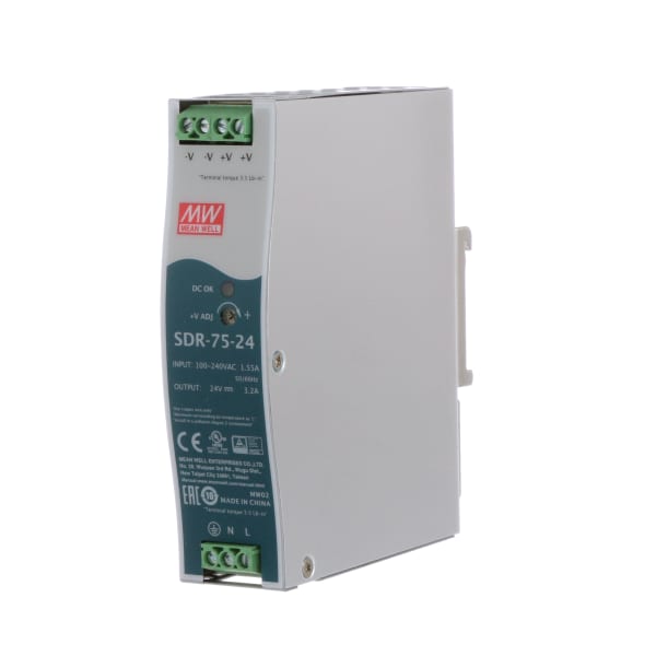 MEAN WELL - SDR-75-24 - Power Supply,AC-DC,24V,3.2A,100-264V In,Enclosed,DIN Rail Mount,77W,SDR ...