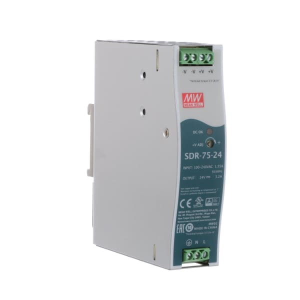 MEAN WELL - SDR-75-24 - Power Supply,AC-DC,24V,3.2A,100-264V In,Enclosed,DIN Rail Mount,77W,SDR ...
