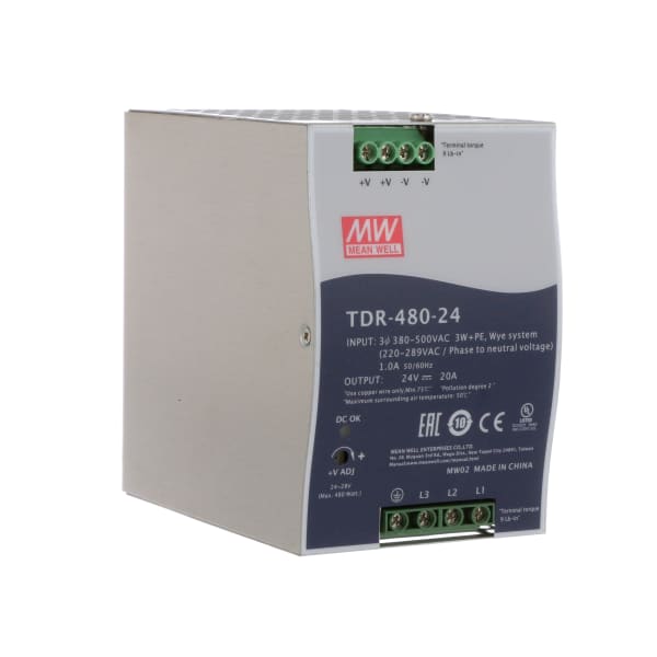 MEAN WELL - TDR-480-24 - Power Supply, AC-DC, DIN Rail, Three Phase, 480W, 24V,20A, PFC, TDR ...