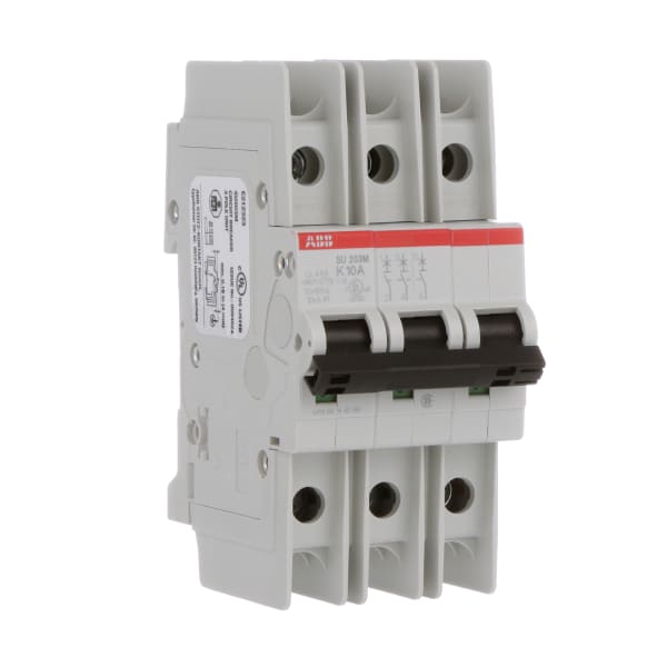 ABB - SU203M-K10 - Miniature Circuit Breaker, Trip Curve K, 10 Amp, 3 Pole, UL489 - RS