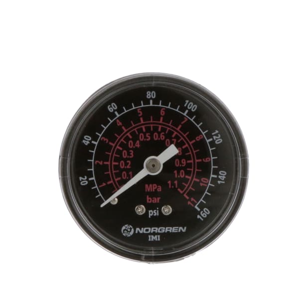 Norgren - 18-015-209 - Pressure Gauge, 0-160 PSI, 1/4 NPT center back port, Black 2" dial face - RS