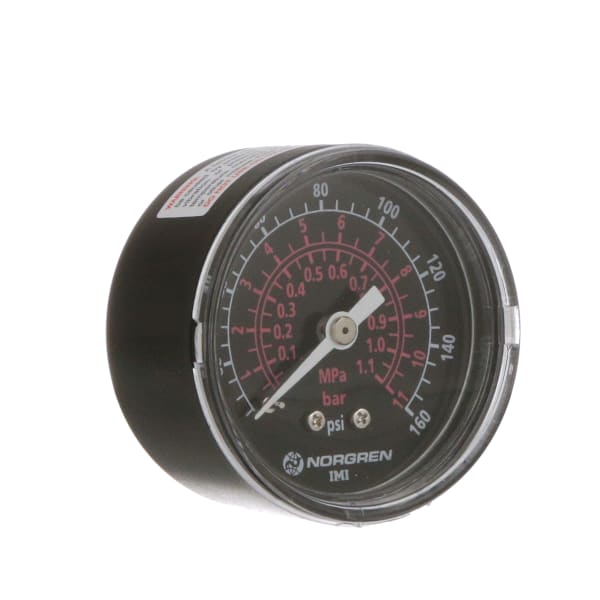 Norgren - 18-015-209 - Pressure Gauge, 0-160 PSI, 1/4 NPT center back port, Black 2" dial face - RS