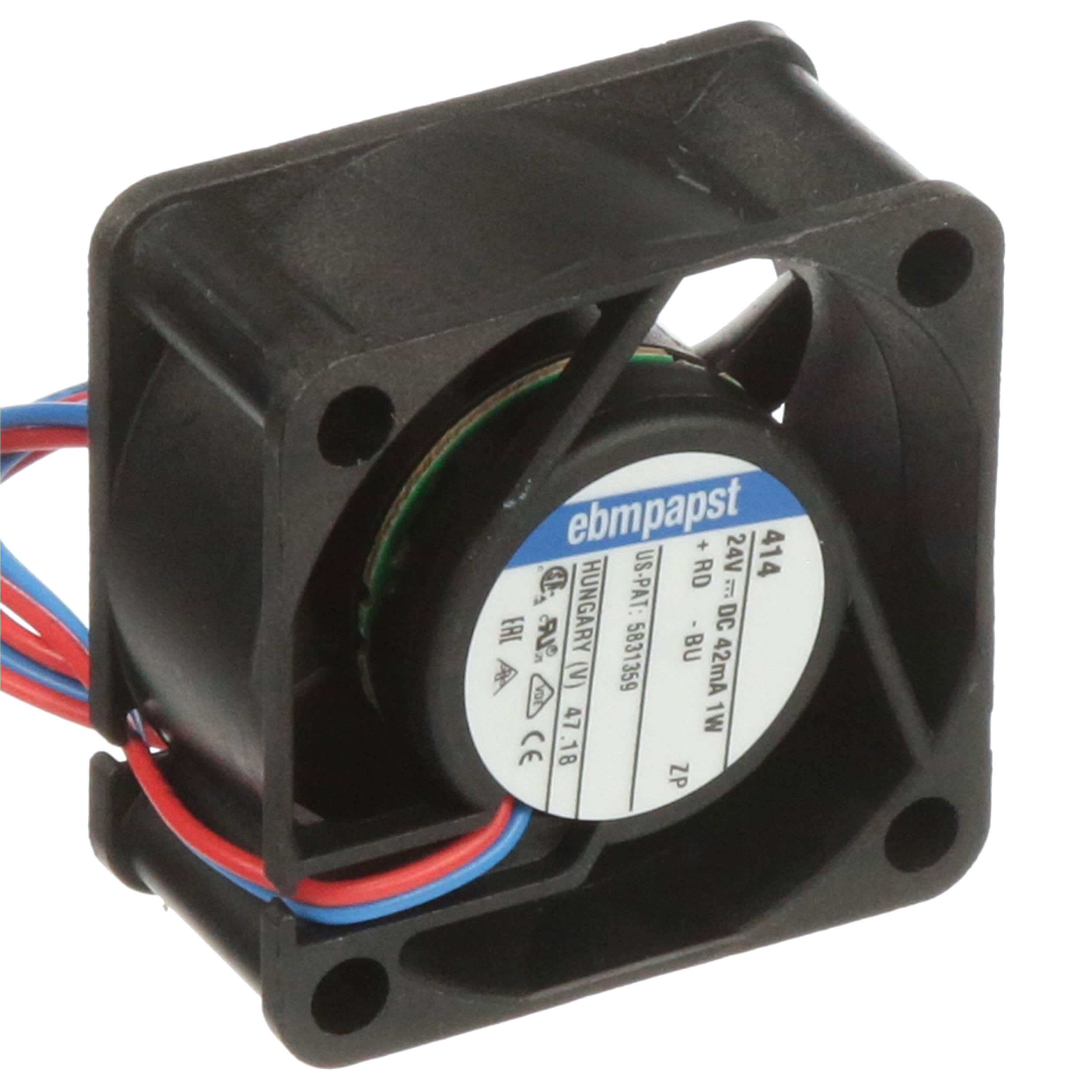 ebm-papst - 414 - DC Fan, 24V, 40x40x20mm, 5.9CFM, 1W, 18dBA, 6000RPM, Wire Leads - RS