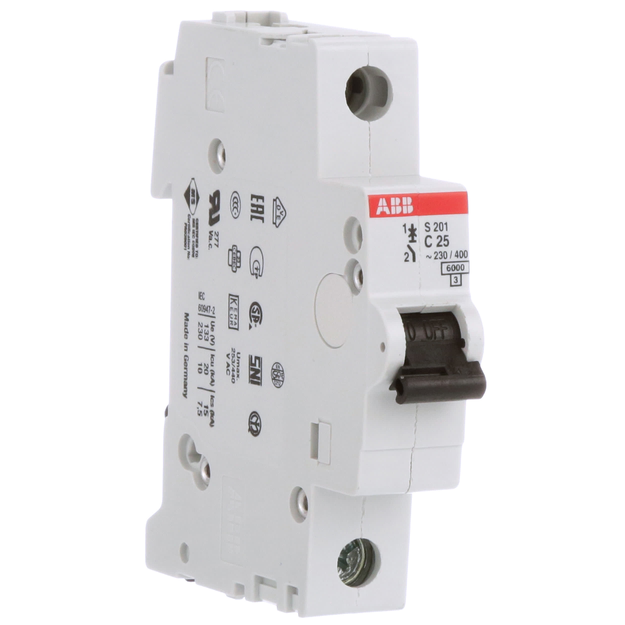 ABB - S201-C25 - Circuit Breaker; 1-P; C Curve; 25A; 6kA; 480Y/277VAC; Handle; Screw Terminals - RS