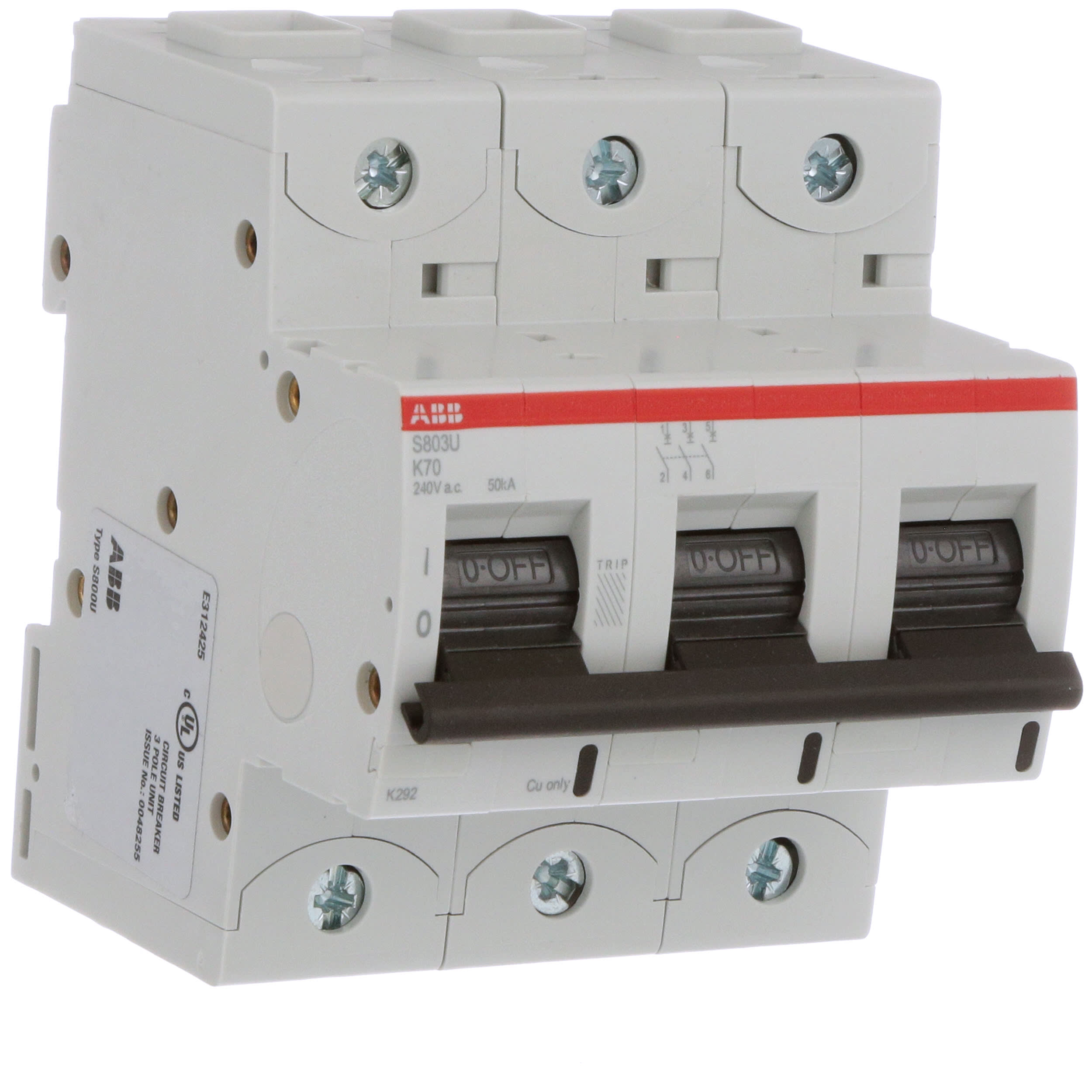 ABB - S803U-K70 - Circuit Breaker, Miniature, 3 P, K Curve, 70A, 240VAC, Handle, Ring Terminal - RS