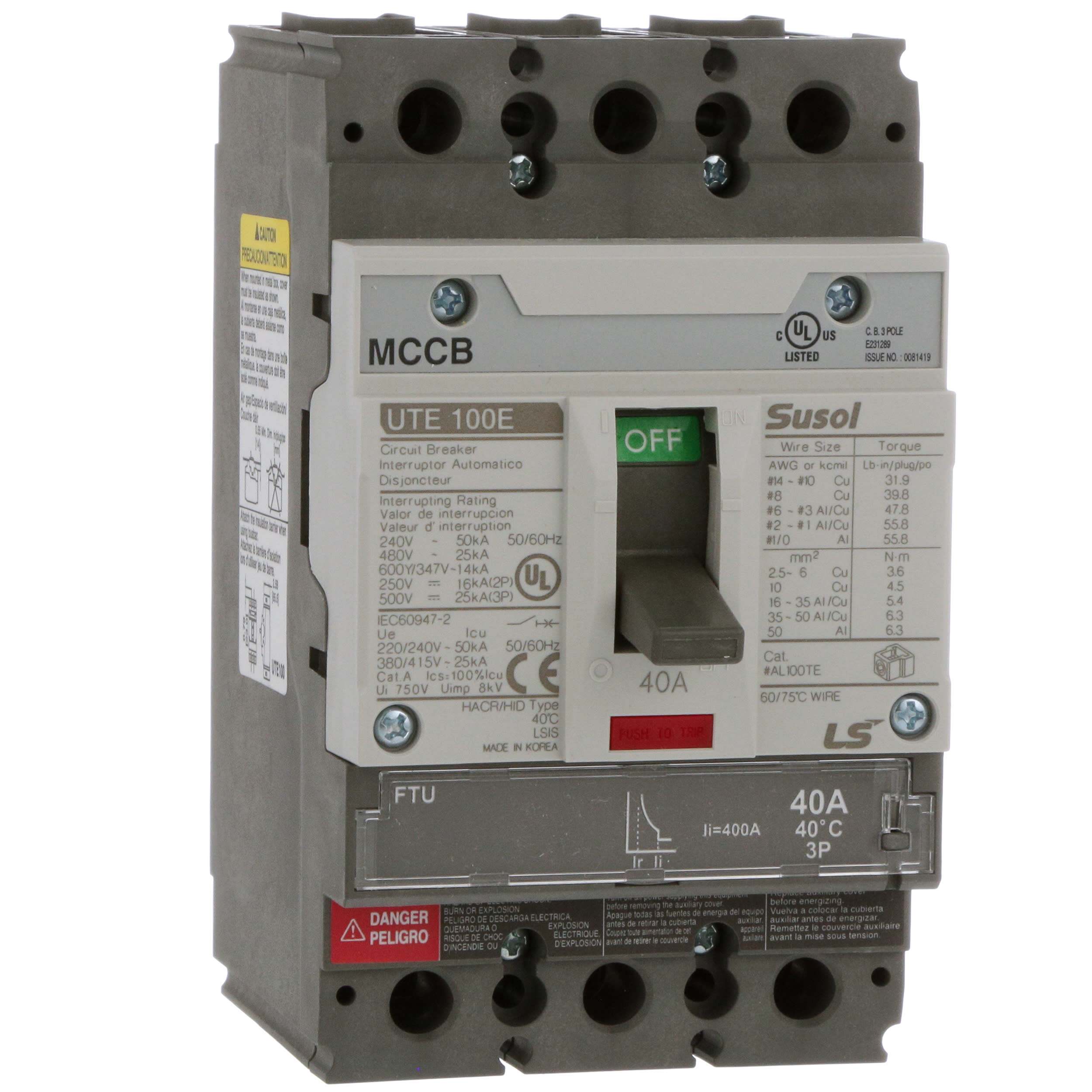 American Electrical, Inc. - UTE100E-FTU-40-3P-LL-UL - MCCB, 40A, 600 VAC/500VDC, Thermal ...