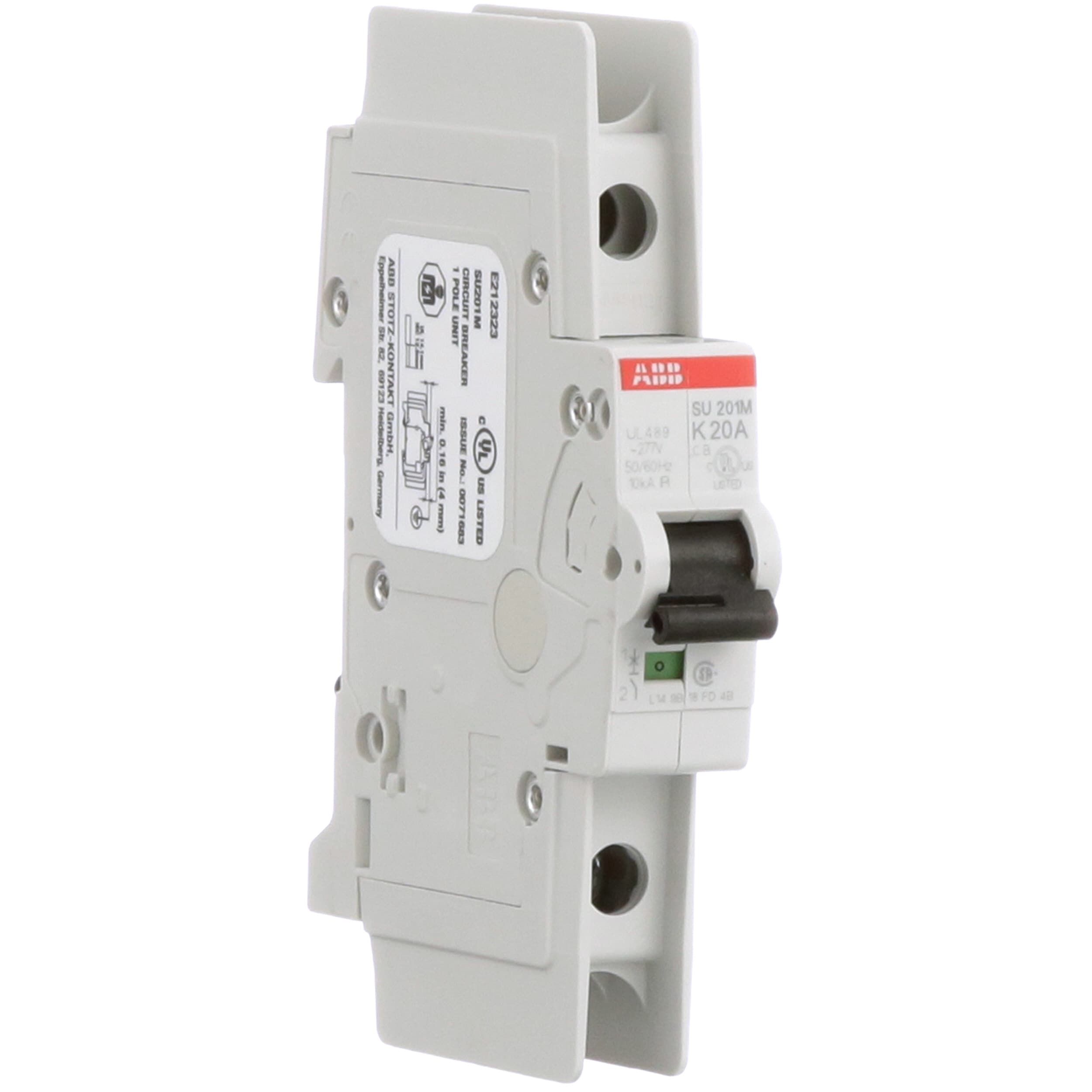 ABB - SU201M-K20 - Miniature Circuit Breaker, Trip Curve K, 20 Amp, 1 Pole, Ul489 - RS