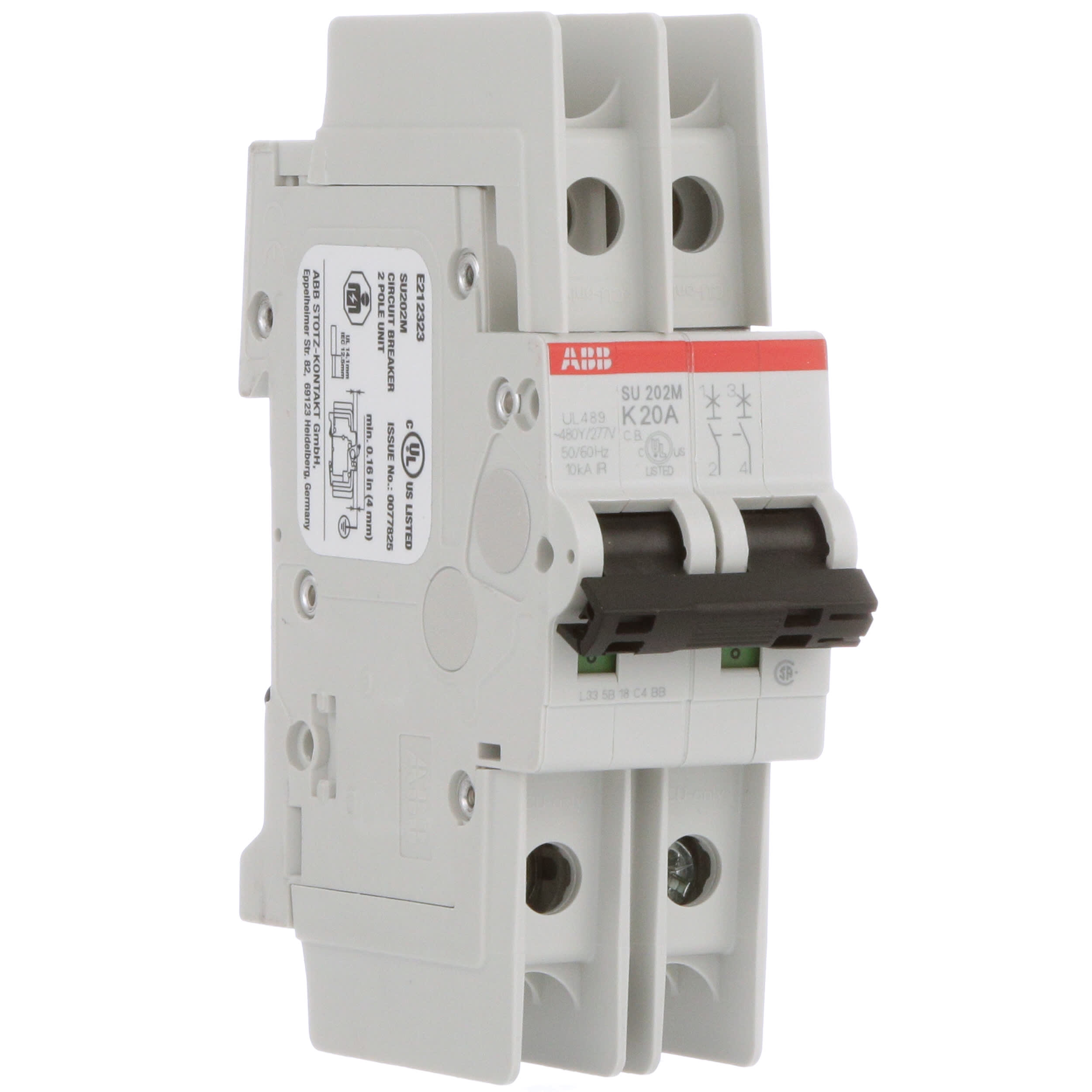 ABB - SU202M-K20 - Miniature Circuit Breaker, Trip Curve K, 20 Amp, 2 Pole, UL489 - RS