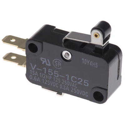 Omron Electronic Components V-155-1C25 SPDT-NO/NC Short Roller Lever Microswitch, 15 A @ 250 V ac