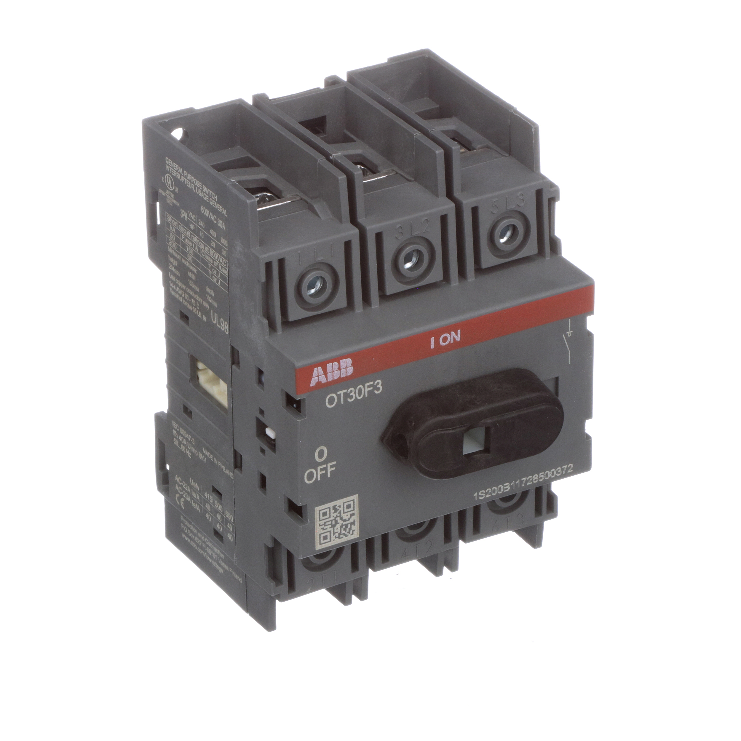 ABB OT40F3 Non-Fused Disconnect switch 40A 3 Poles 600VAC, DIN Rail / Panel Mount, UL508