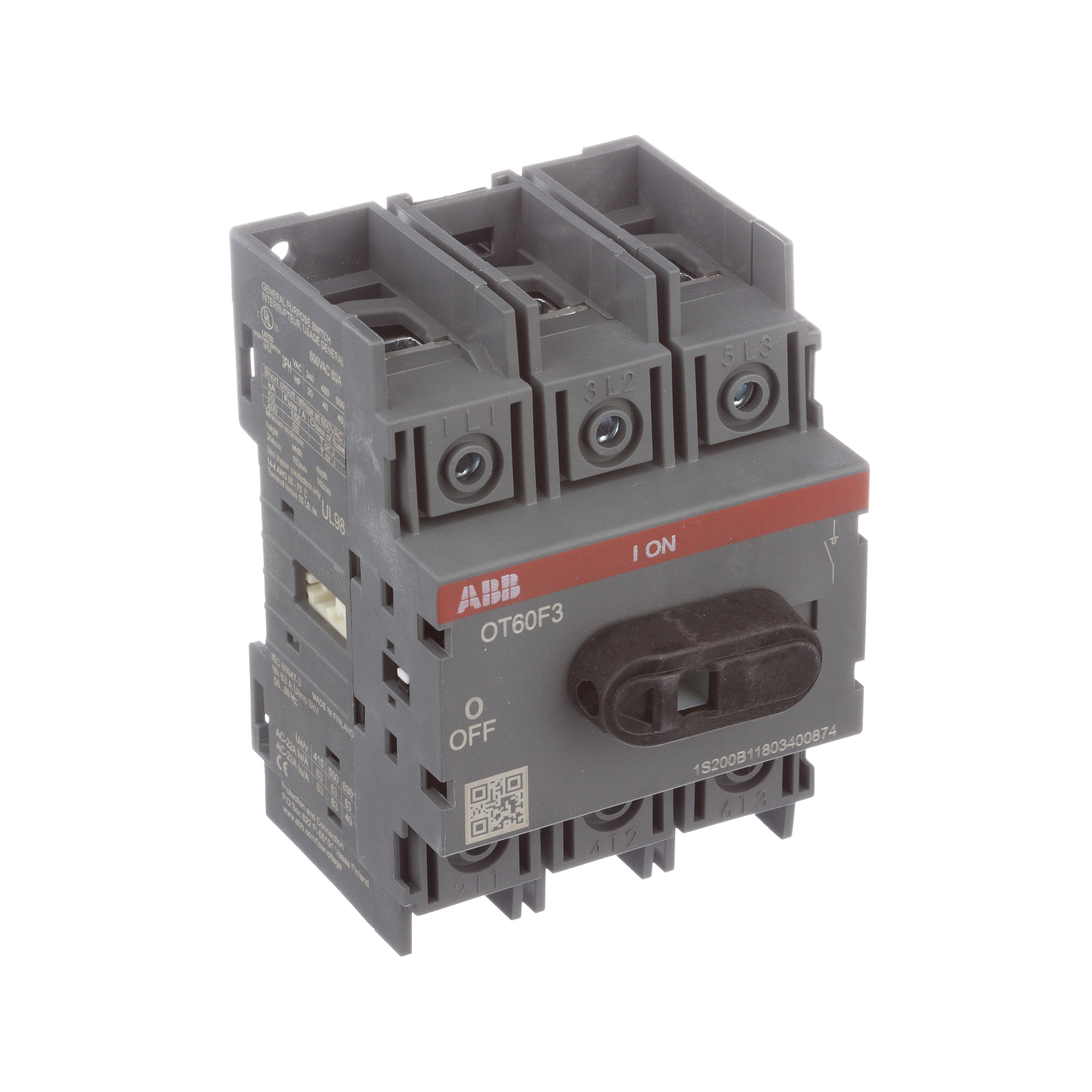 ABB OT100F3 Non-Fused Disconnect switch 100A 3 Poles 600VAC, DIN Rail / Panel Mount, UL508