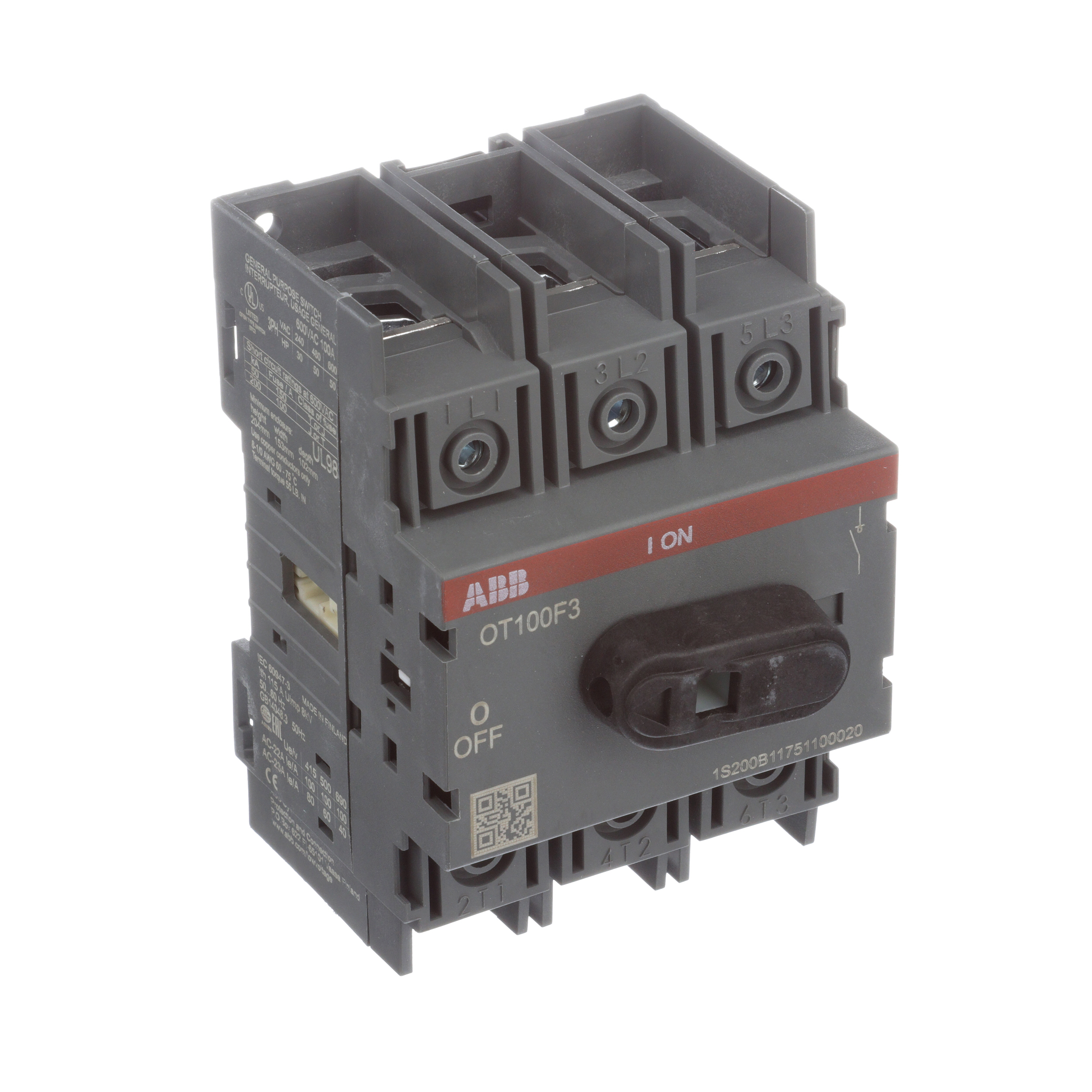 ABB OT100F3 Non-Fused Disconnect switch 100A 3 Poles 600VAC, DIN Rail / Panel Mount, UL508