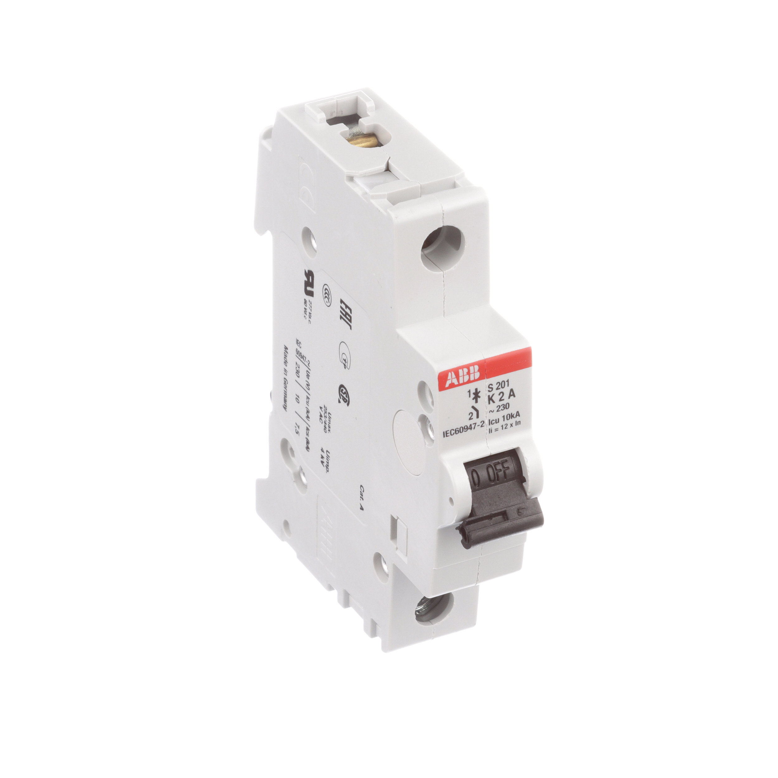 ABB S201-K2 Circuit Breaker, Supplementary, K Curve, 1-Pole, 2A, 480Y/277 VAC, UL1077, DIN