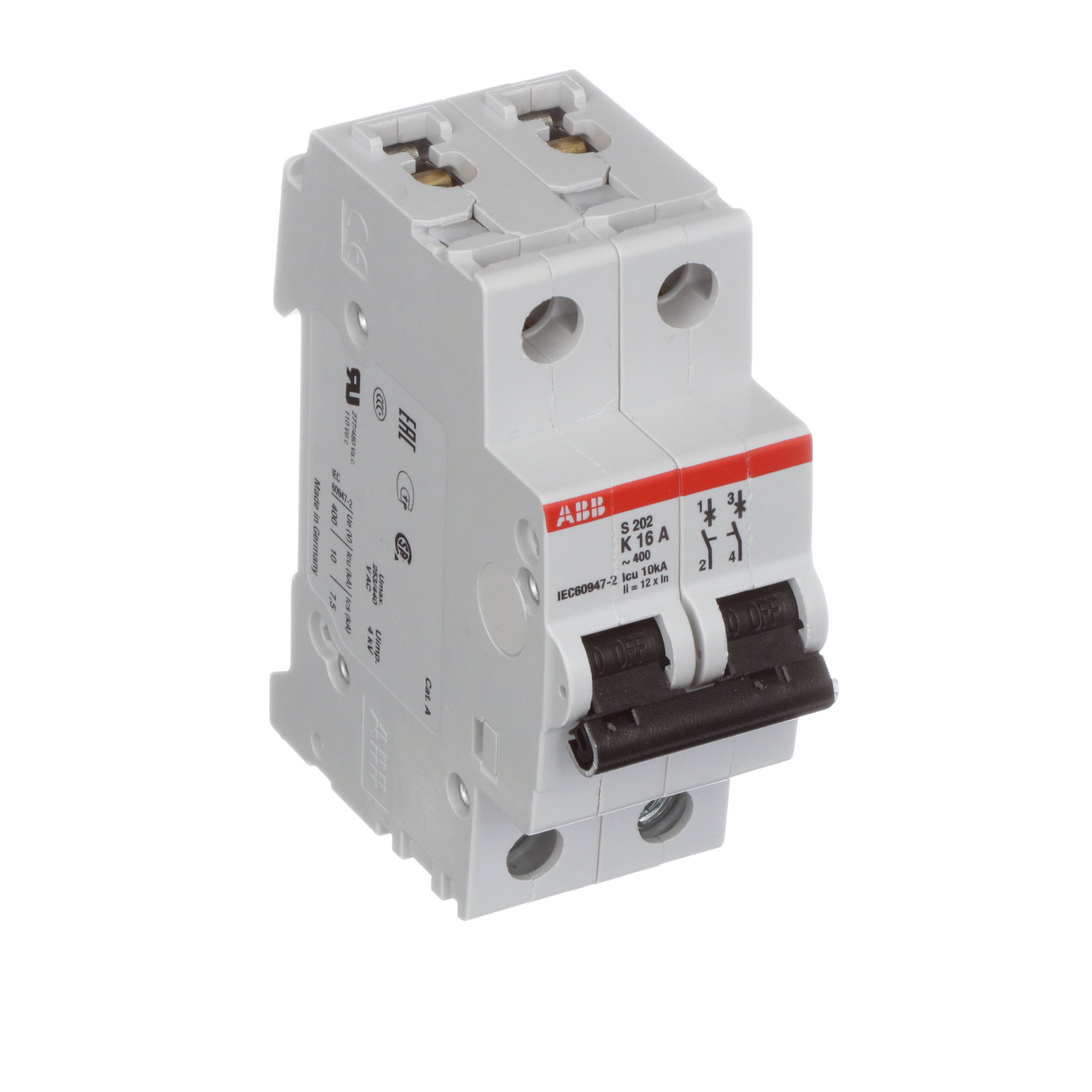 ABB S202-K16 Circuit Breaker, Supplementary, K Curve, 2-Pole, 16A, 480Y/277 VAC, UL1077, DIN