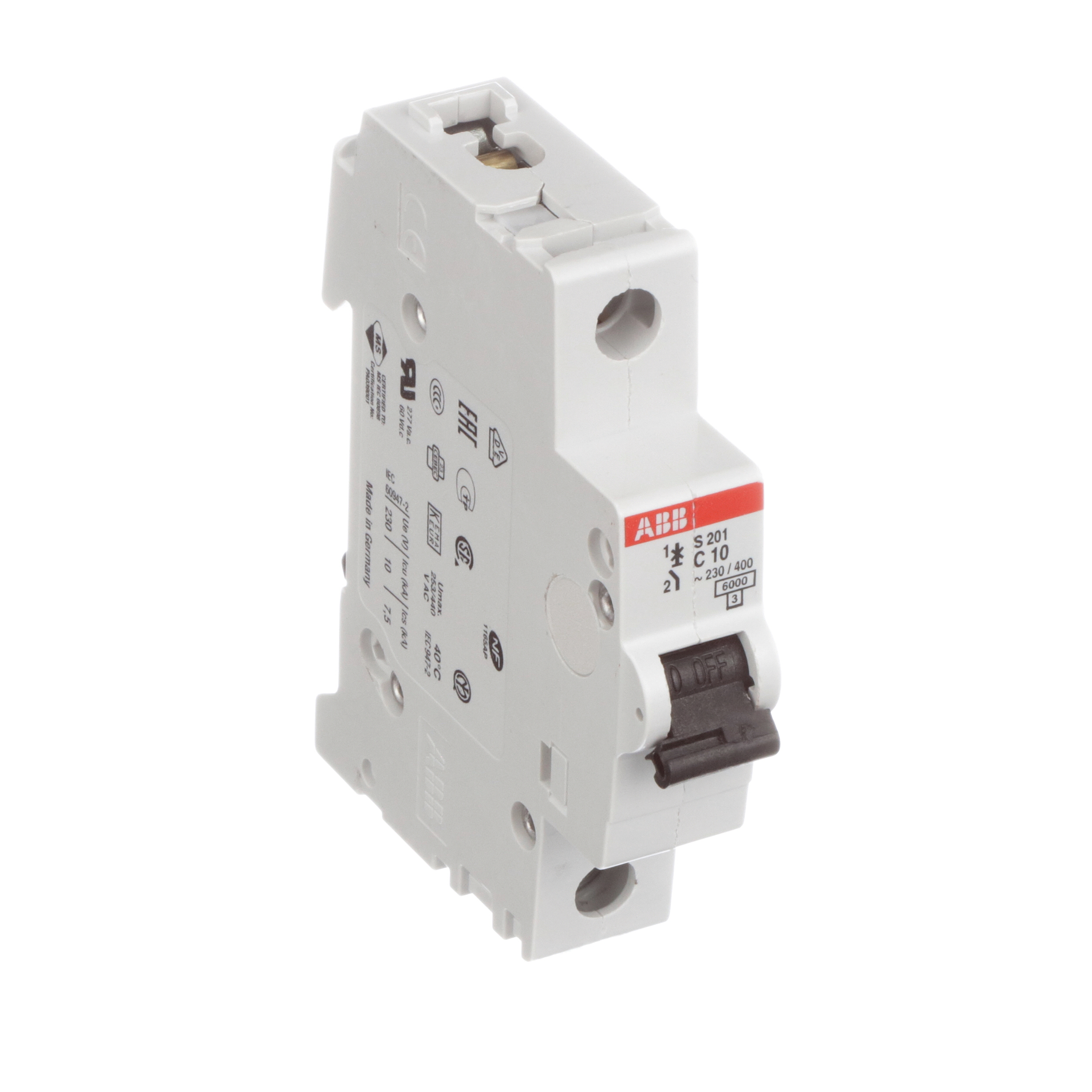 ABB S201-C10 Circuit Breaker, Supplementary, C Curve, 1-Pole, 10A, 480Y/277 VAC, UL1077, DIN