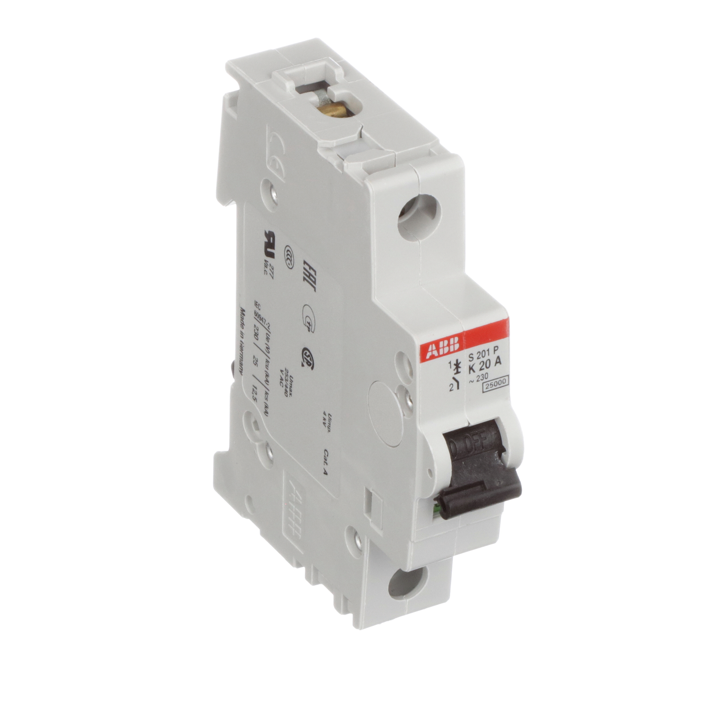 ABB S201P-K20 Circuit Breaker, Supplementary, K Curve, 1-Pole, 20A, 10kA, 480Y/277VAC, UL1077