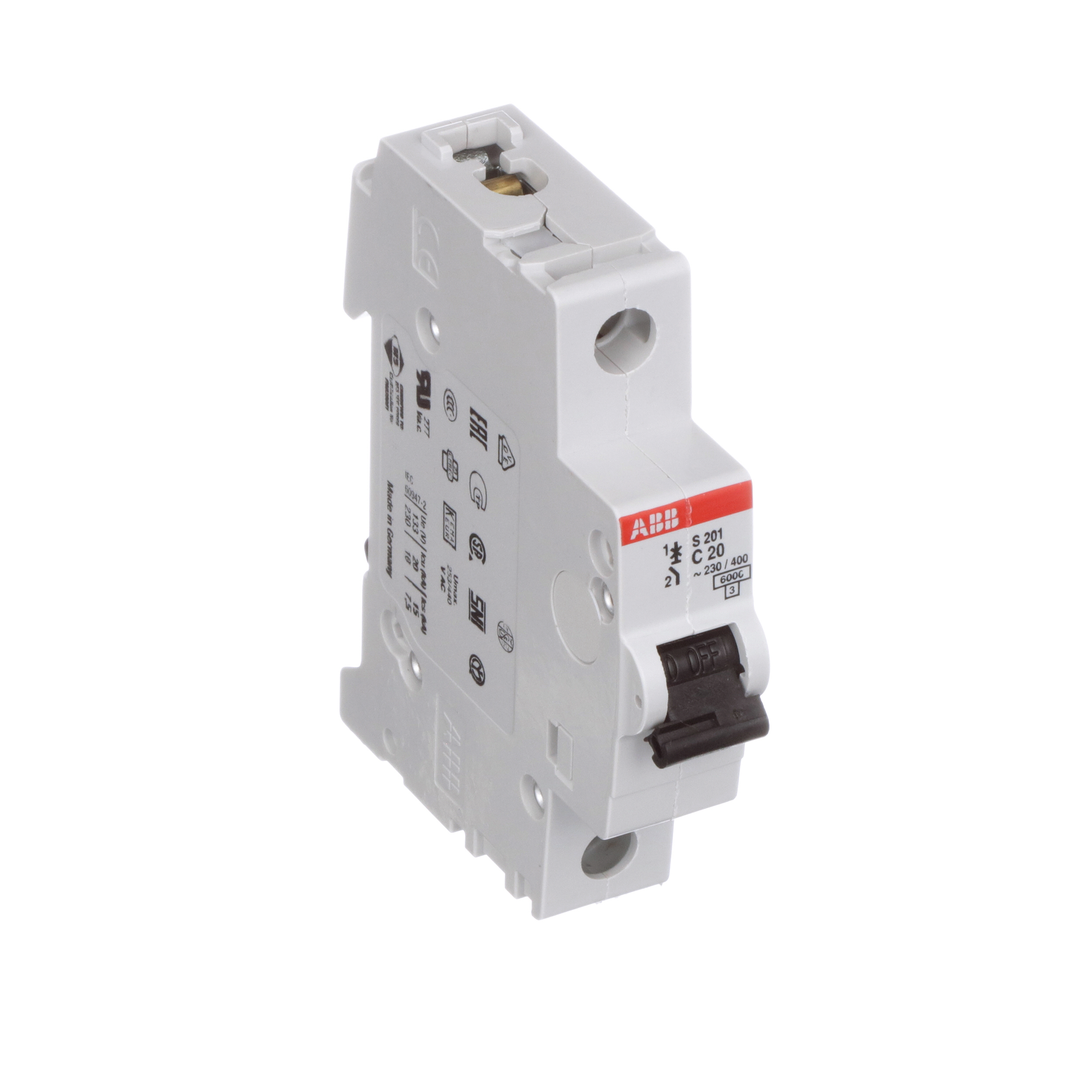 ABB S201-C20 Circuit Breaker, Supplementary, C Curve, 1-Pole, 20A, 6kA, 480Y/277VAC, UL1077
