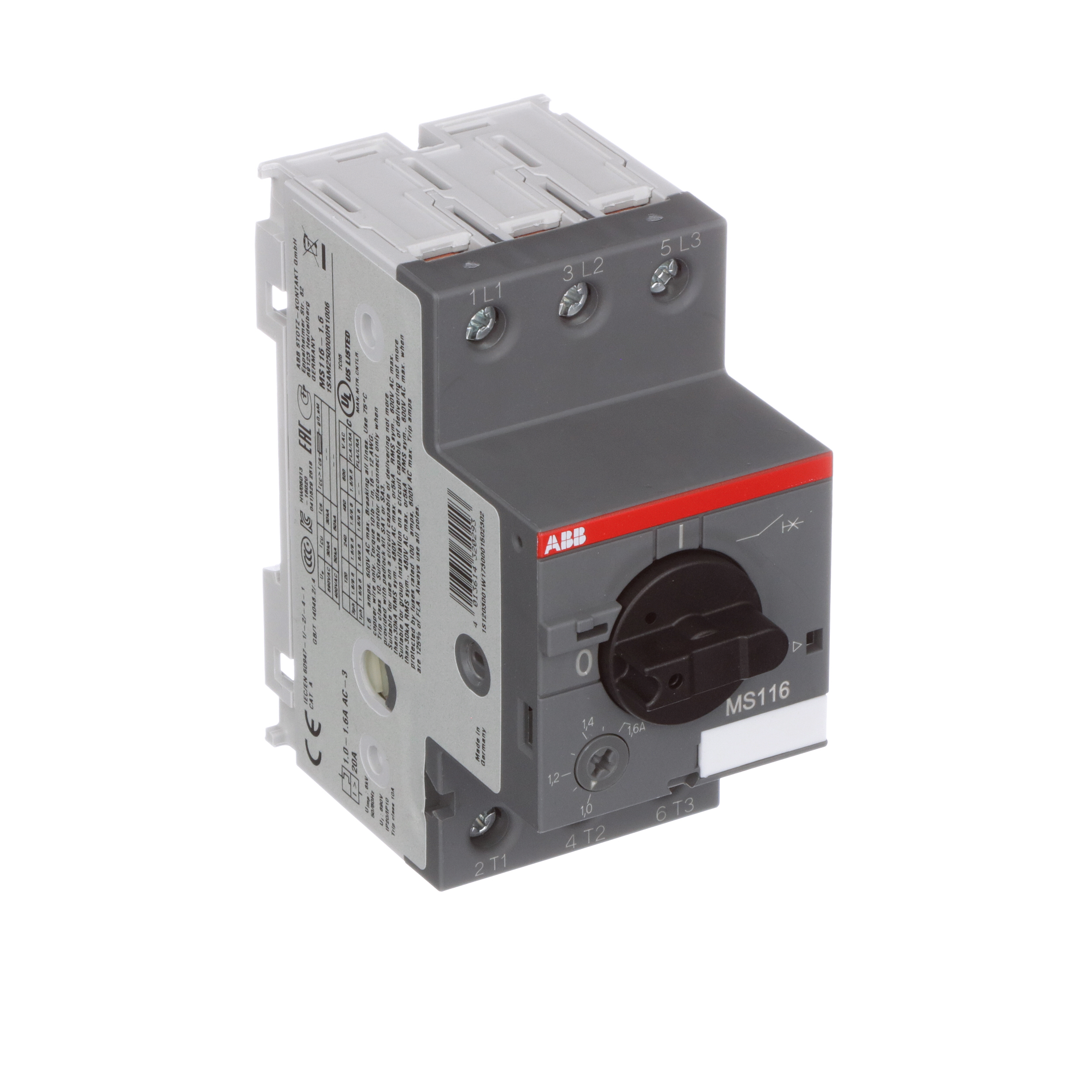 ABB MS116-1.6 Manual Motor Starter, 0.75hp@480V, 1-1.6A, 690V, Thermal/Magnetic, MS116 Series