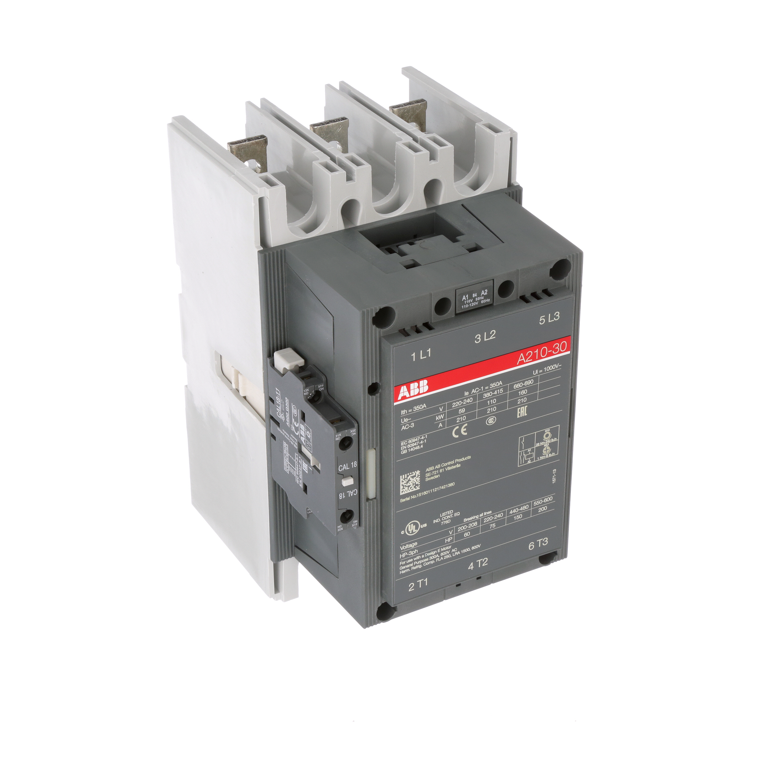 ABB A50-30-11-81 Contactor,NEMA,3 Pole,54A,24VAC@60Hz,24VAC@50Hz Coil,DIN Rail/Panel Mount
