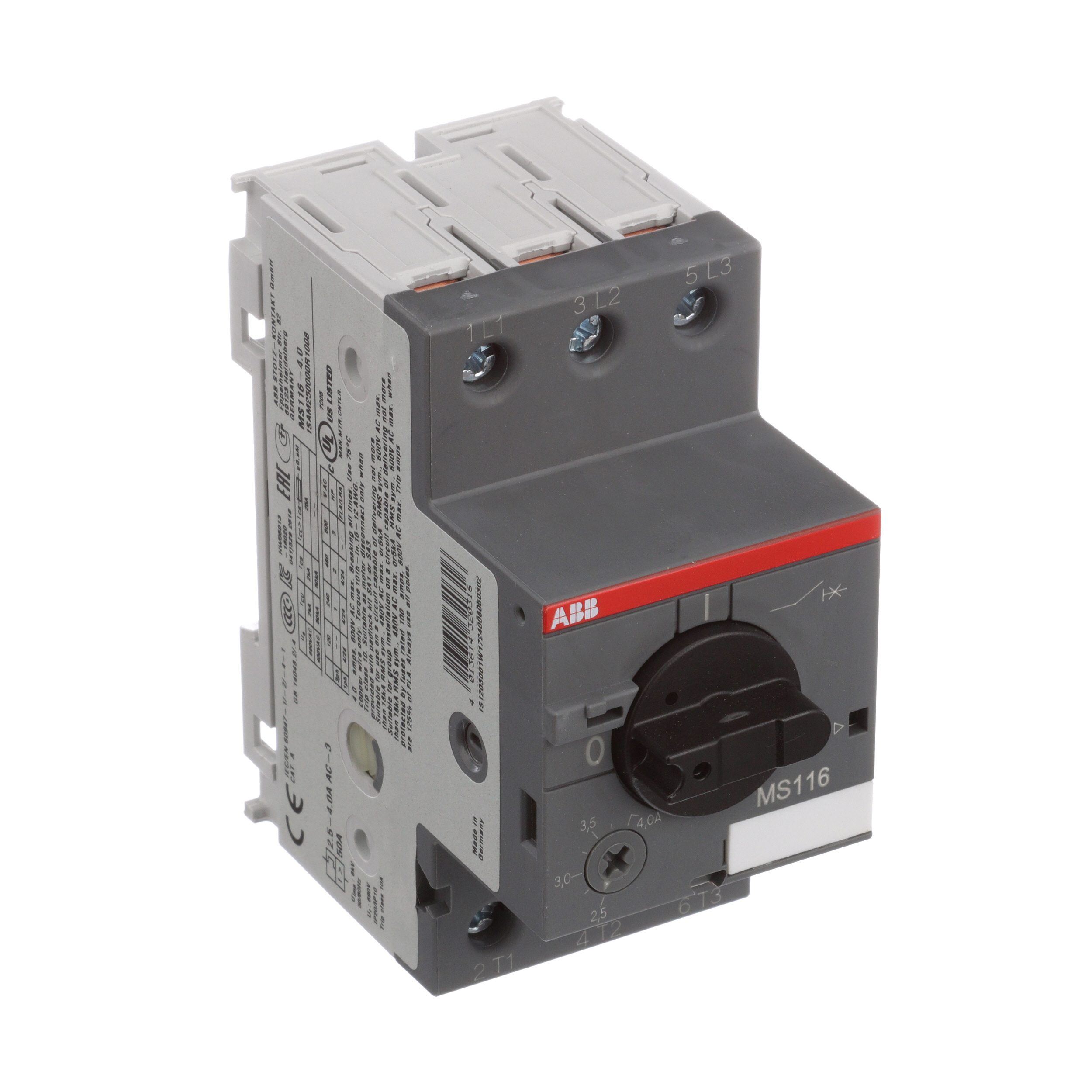ABB MS116-4.0 Manual Motor Starter, 2hp@480V, 2.5-4A, 690V, Thermal/Magnetic, MS116 Series