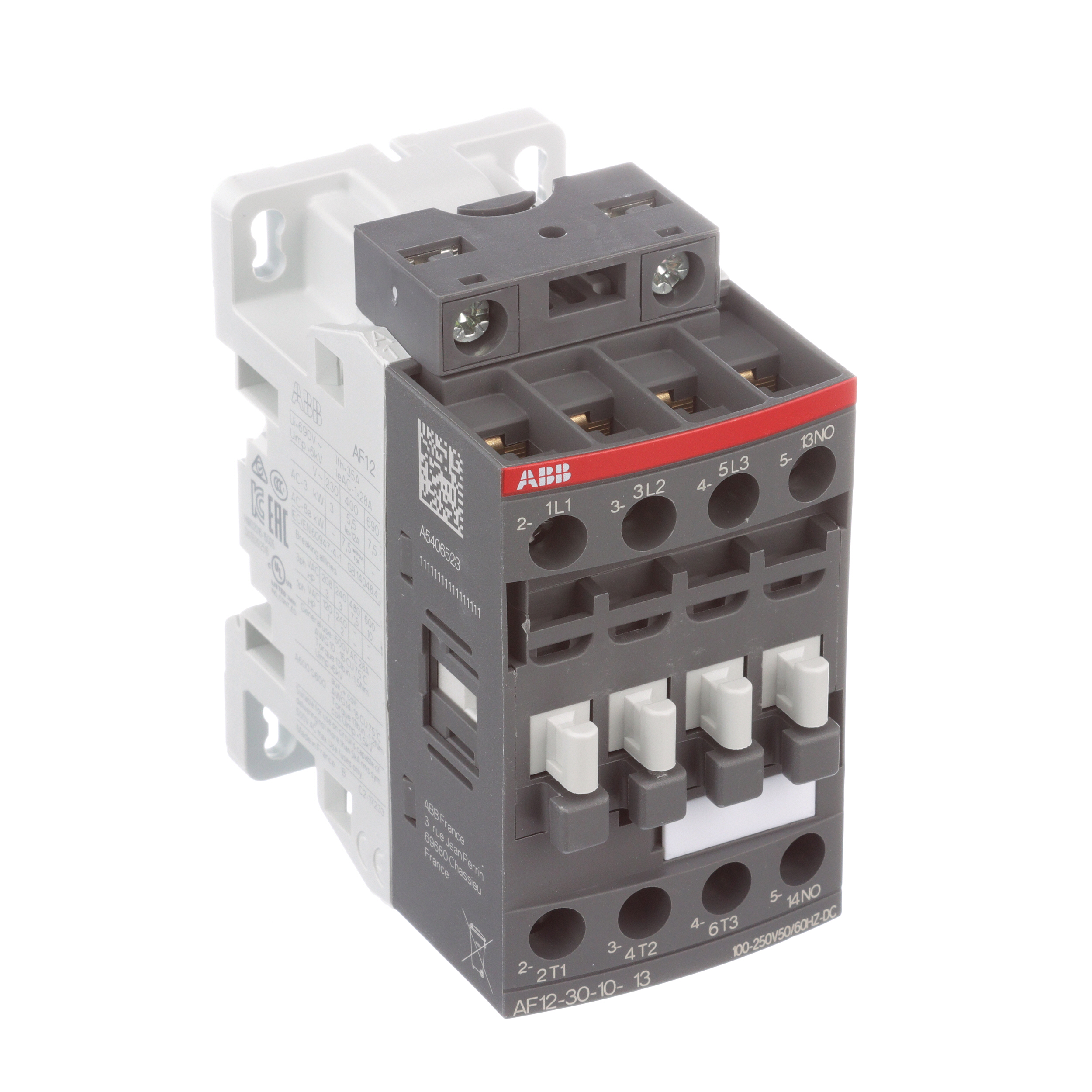 ABB AF12-30-10-13 AF12 3 Pole Contactor, 12.5 A, 7.5 kW@ 600 V, 100 - 250 V ac/dc Coil
