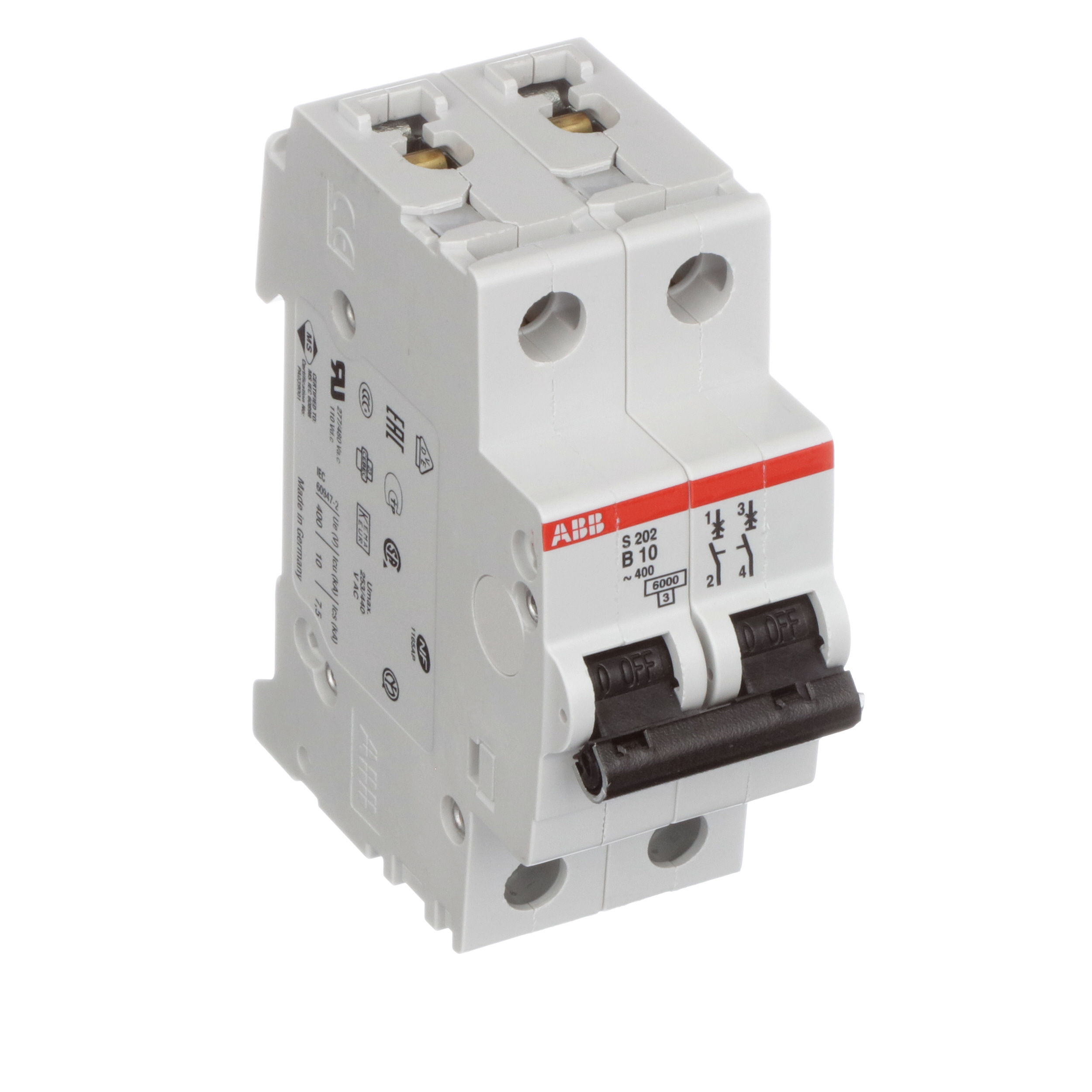 ABB S202-B10 Circuit Breaker, 2-Pole, B Curve, 10A, 6kA, 480Y/277VAC, Handle, Screw Terminals