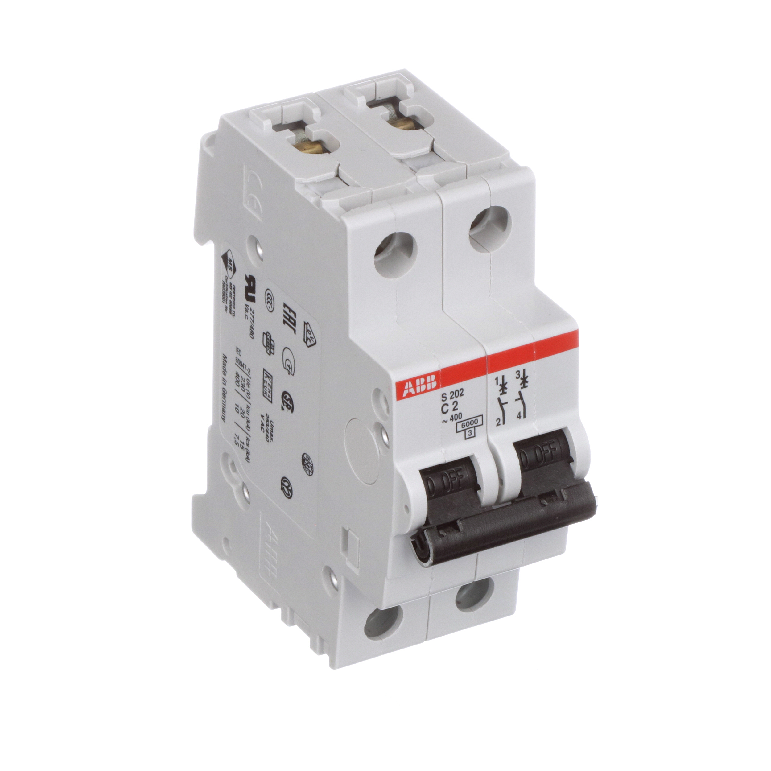 ABB S202-C2 Circuit Breaker, 2-Pole, C Curve, 2A, 6kA, 480Y/277VAC, Handle, Screw Terminals