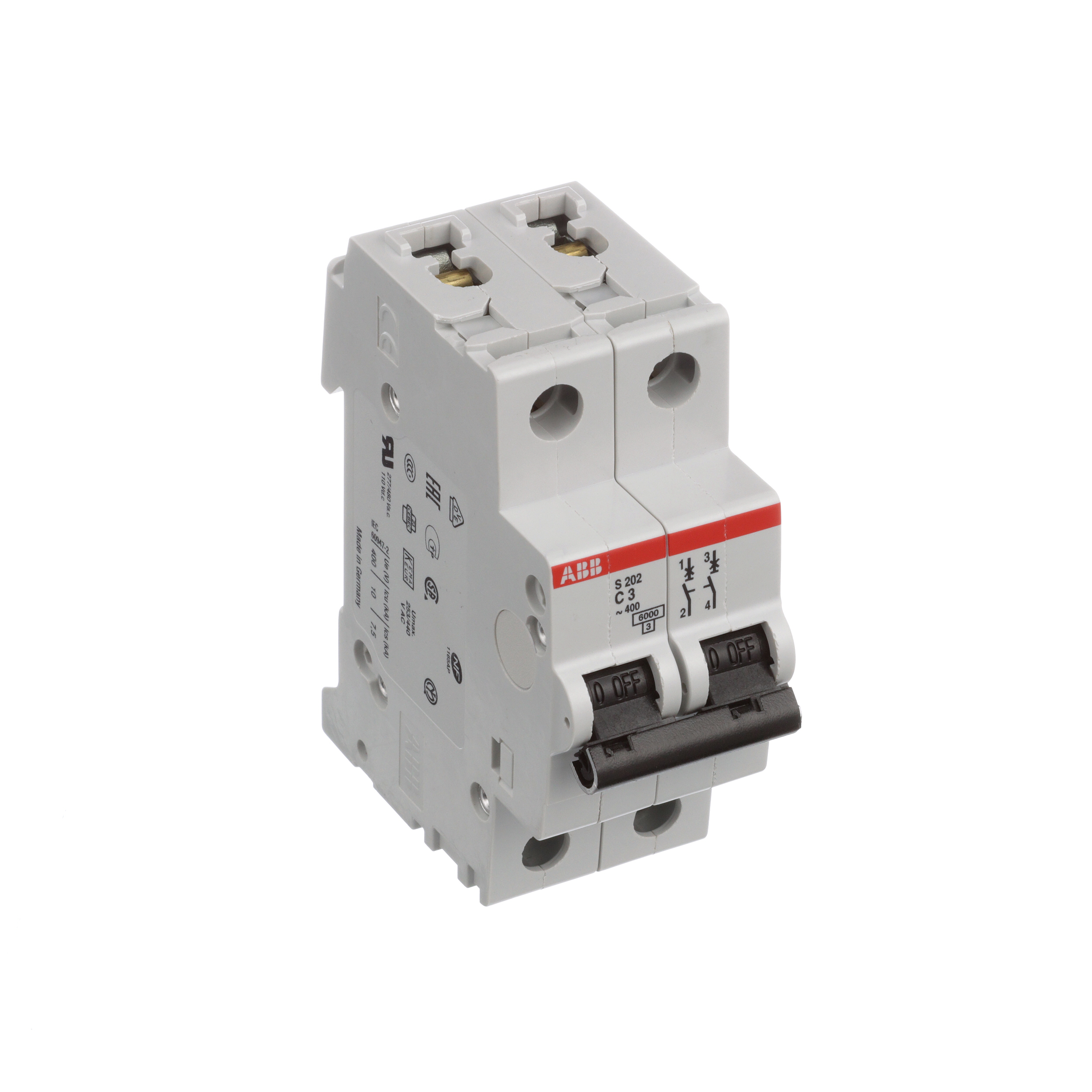 ABB S202-C3 Circuit Breaker, 2-Pole, C Curve, 3A, 6kA, 480Y/277VAC, Handle, Screw Terminals