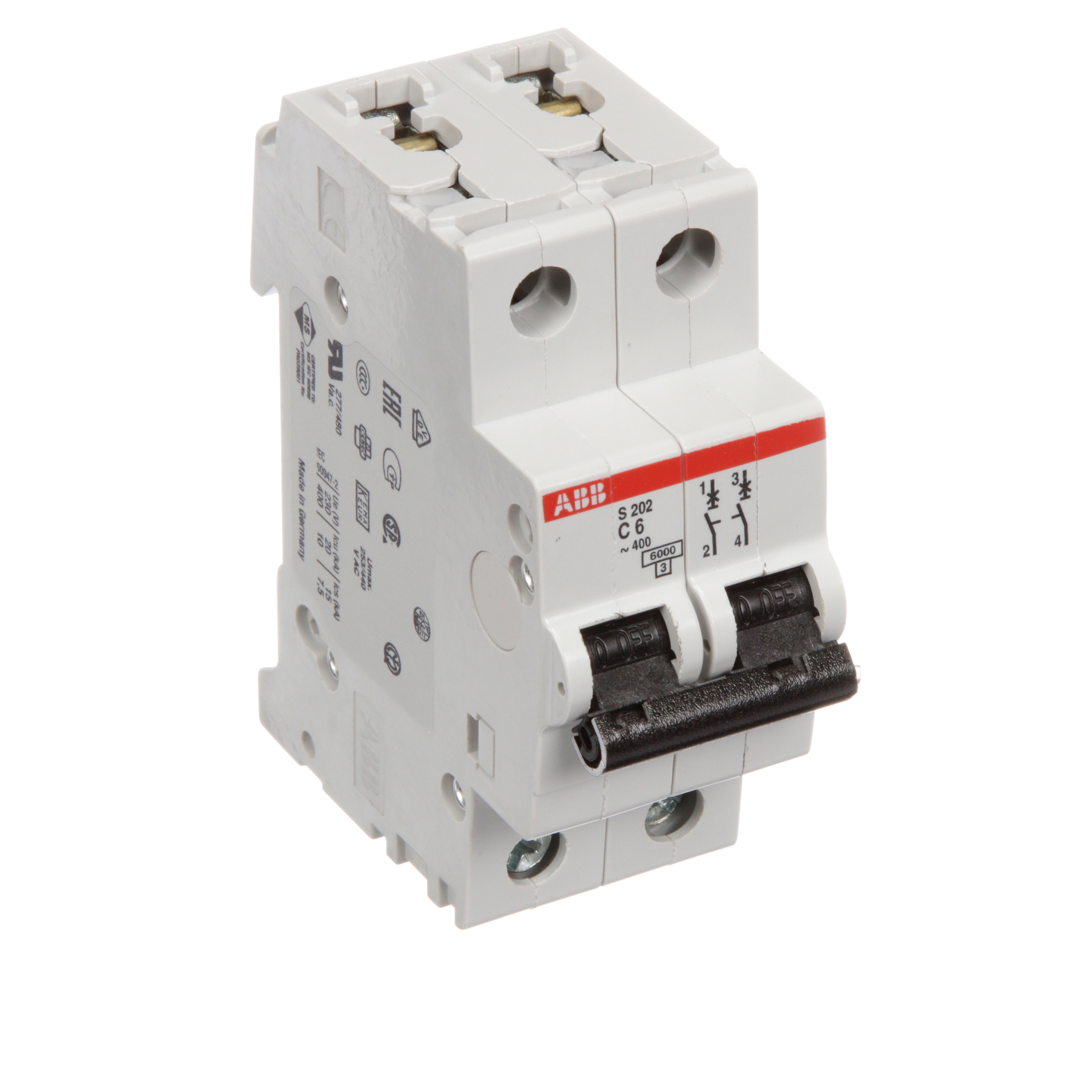 ABB S202-C6 Circuit Breaker, 2-Pole, C Curve, 6A, 6kA, 480Y/277VAC, Handle, Screw Terminals