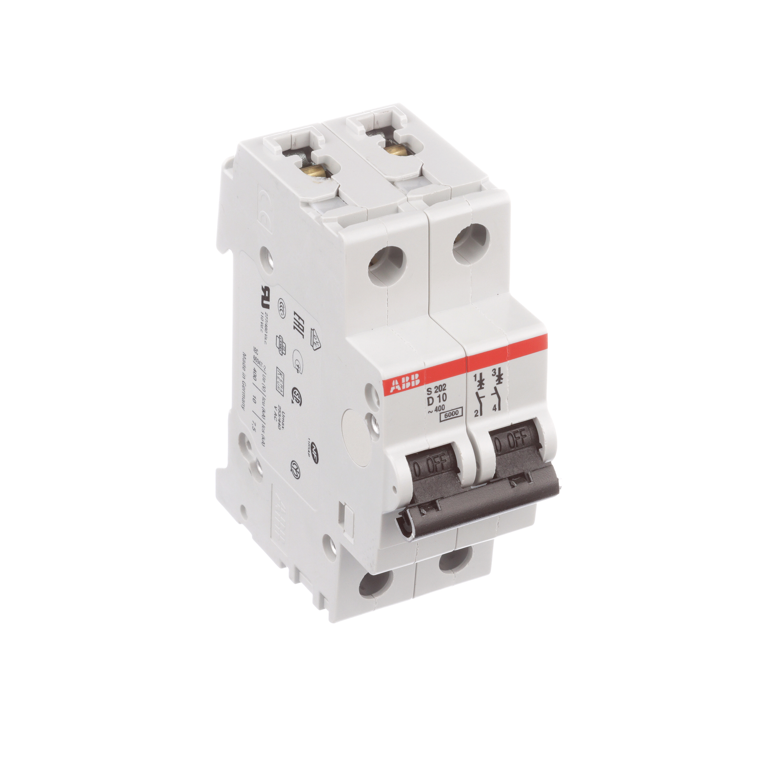 ABB S202-D10 Circuit Breaker, 2-Pole, D Curve, 10A, 6kA, 480Y/277VAC, Handle, Screw Terminals