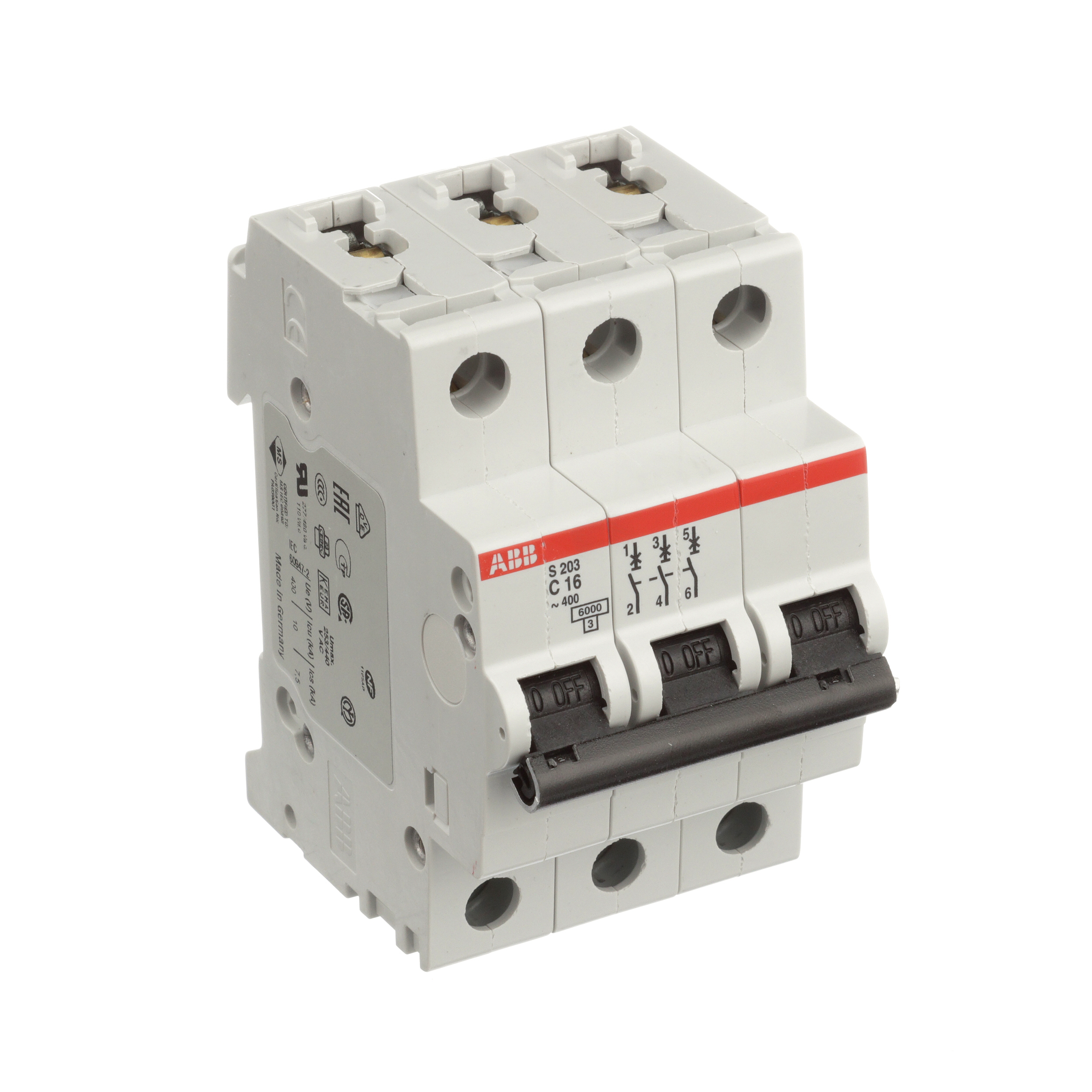 ABB S203-C16 Circuit Breaker, 3-Pole, C Curve, 16A, 6kA, 480Y/277VAC, Handle, Screw Termin.