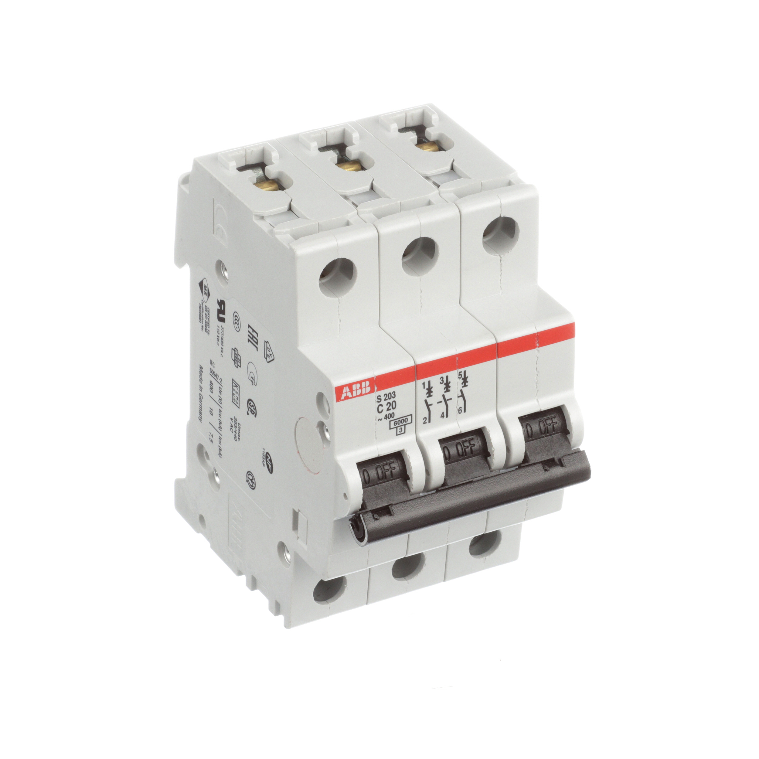 ABB S203-C20 Circuit Breaker, 3-Pole, C Curve, 20A, 6kA, 480Y/277VAC, Handle, Screw Termin.