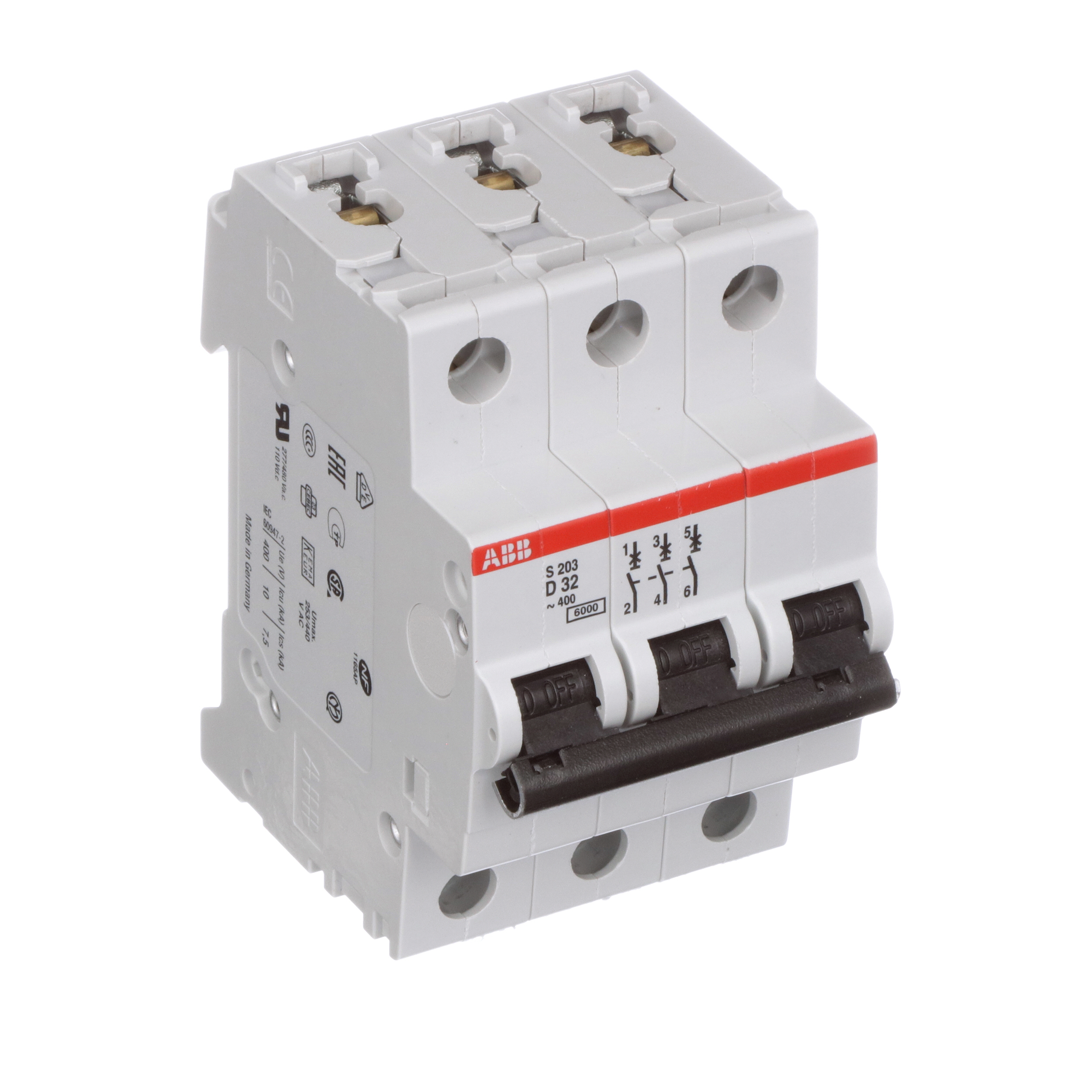 ABB S203-D32 Circuit Breaker, 3-Pole, D Curve, 32A, 6kA, 480Y/277VAC, Handle, Screw Terminals