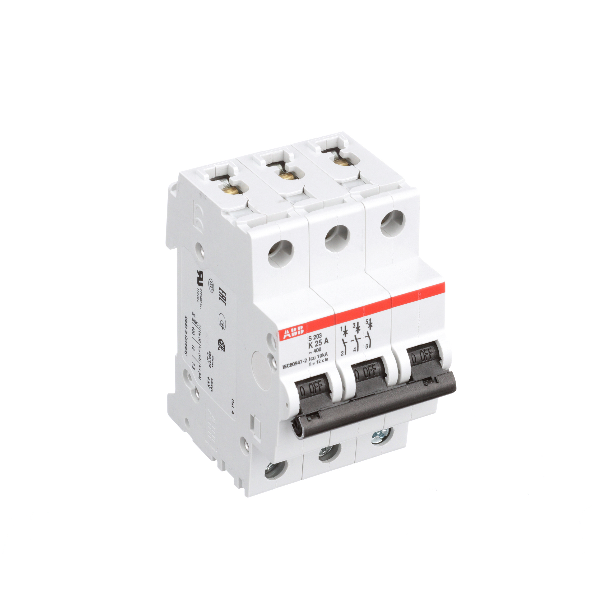 ABB S203-K25 Circuit Breaker, 3-Pole, K Curve, 25A, 6kA, 480Y/277VAC, Handle, Screw Termin.