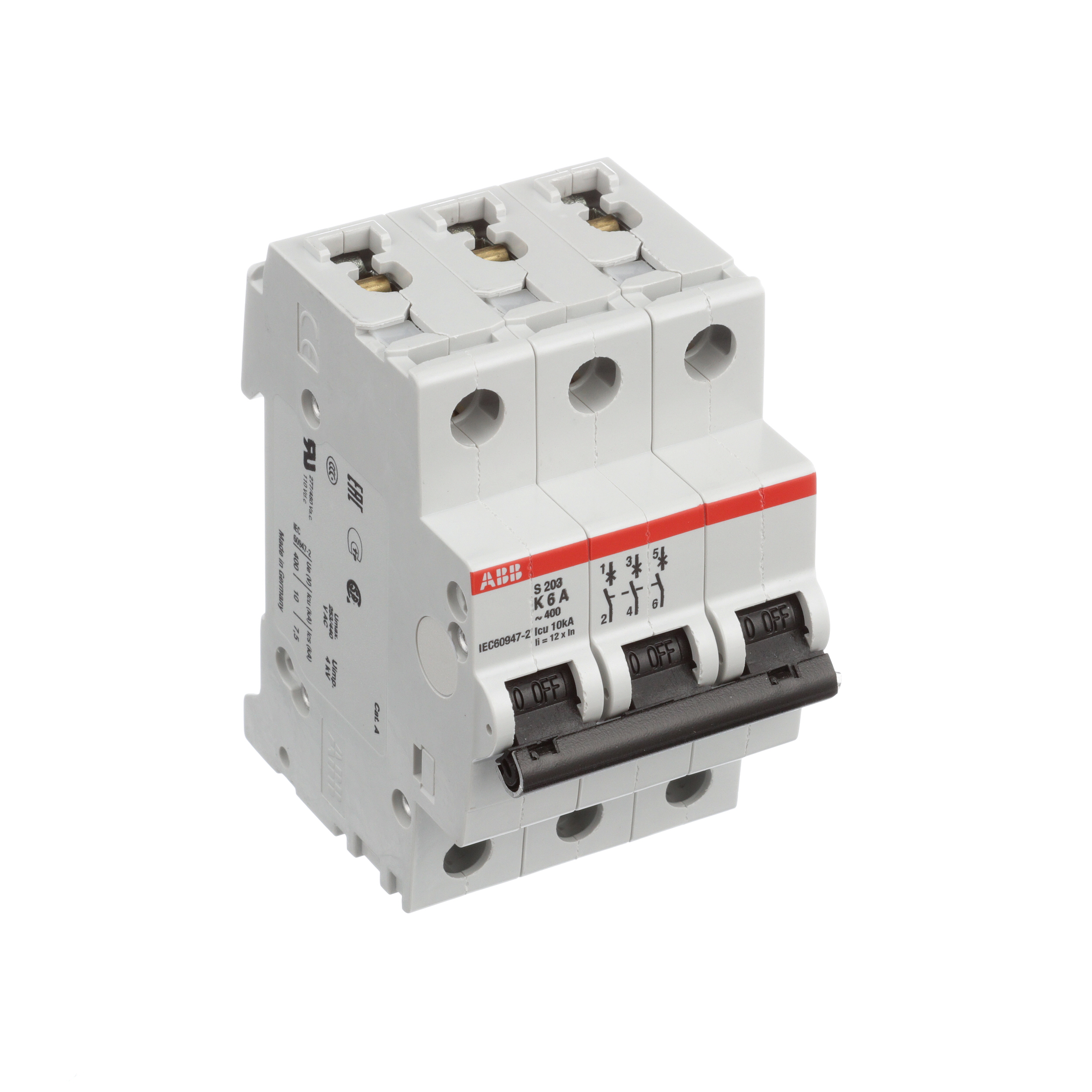 ABB S203-K6 Circuit Breaker, 3-Pole, K Curve, 6A, 6kA, 480Y/277VAC, Handle, Screw Termin.