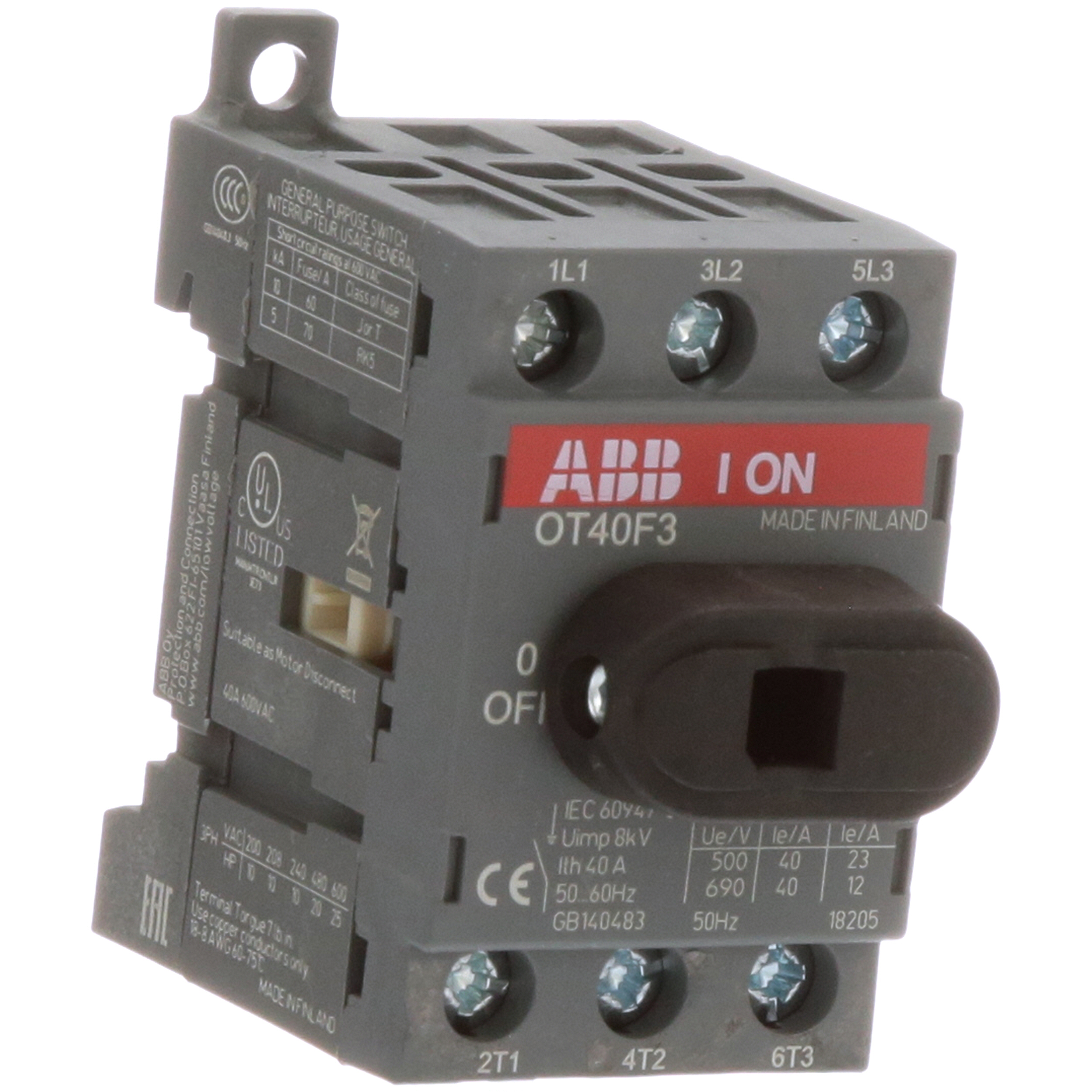 ABB OT100F3 Non-Fused Disconnect switch 100A 3 Poles 600VAC, DIN Rail / Panel Mount, UL508