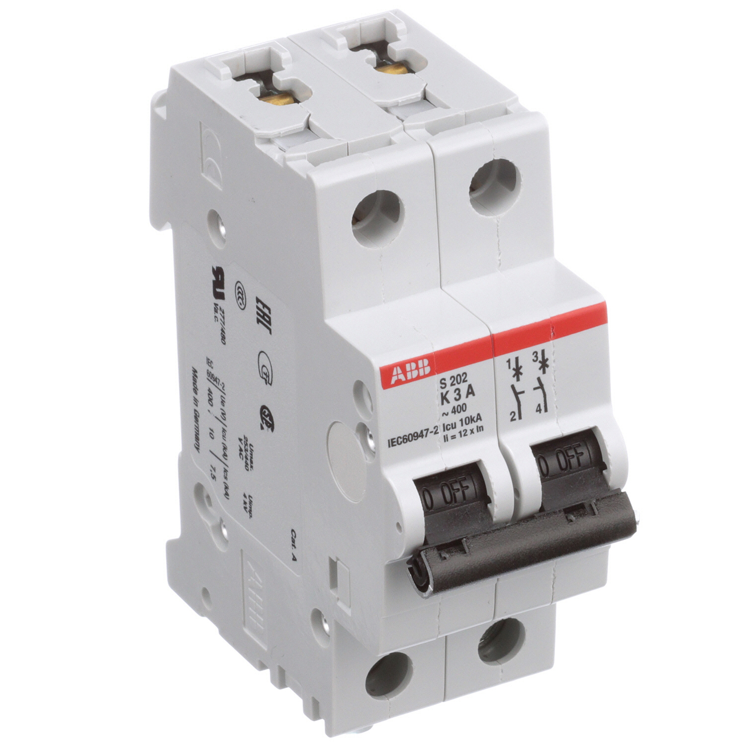 ABB S202-K3 Circuit Breaker, Supplementary, K Curve, 2-Pole, 3A, 480Y/277 VAC, UL1077, DIN