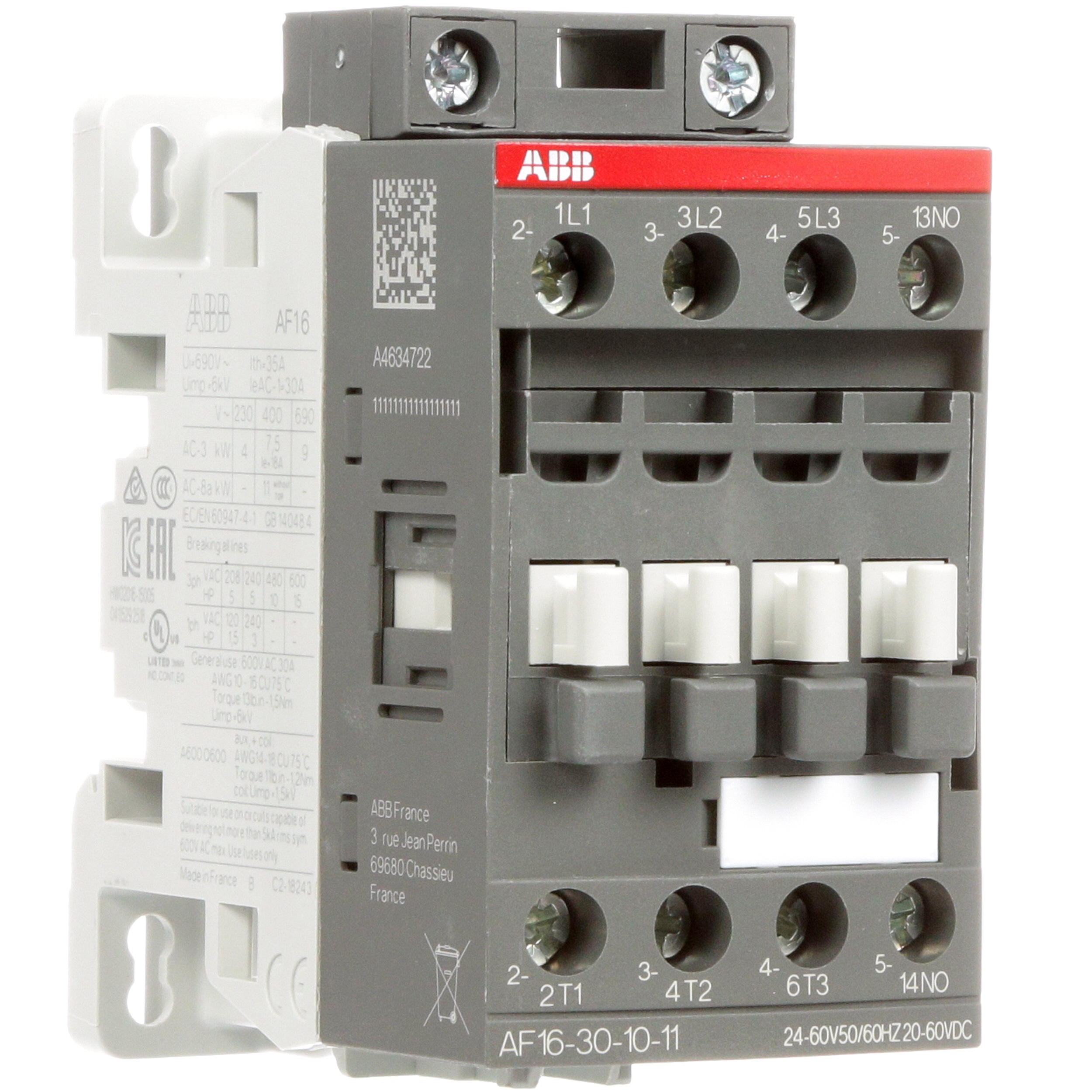 ABB AF12-30-10-13 AF12 3 Pole Contactor, 12.5 A, 7.5 kW@ 600 V, 100 - 250 V ac/dc Coil