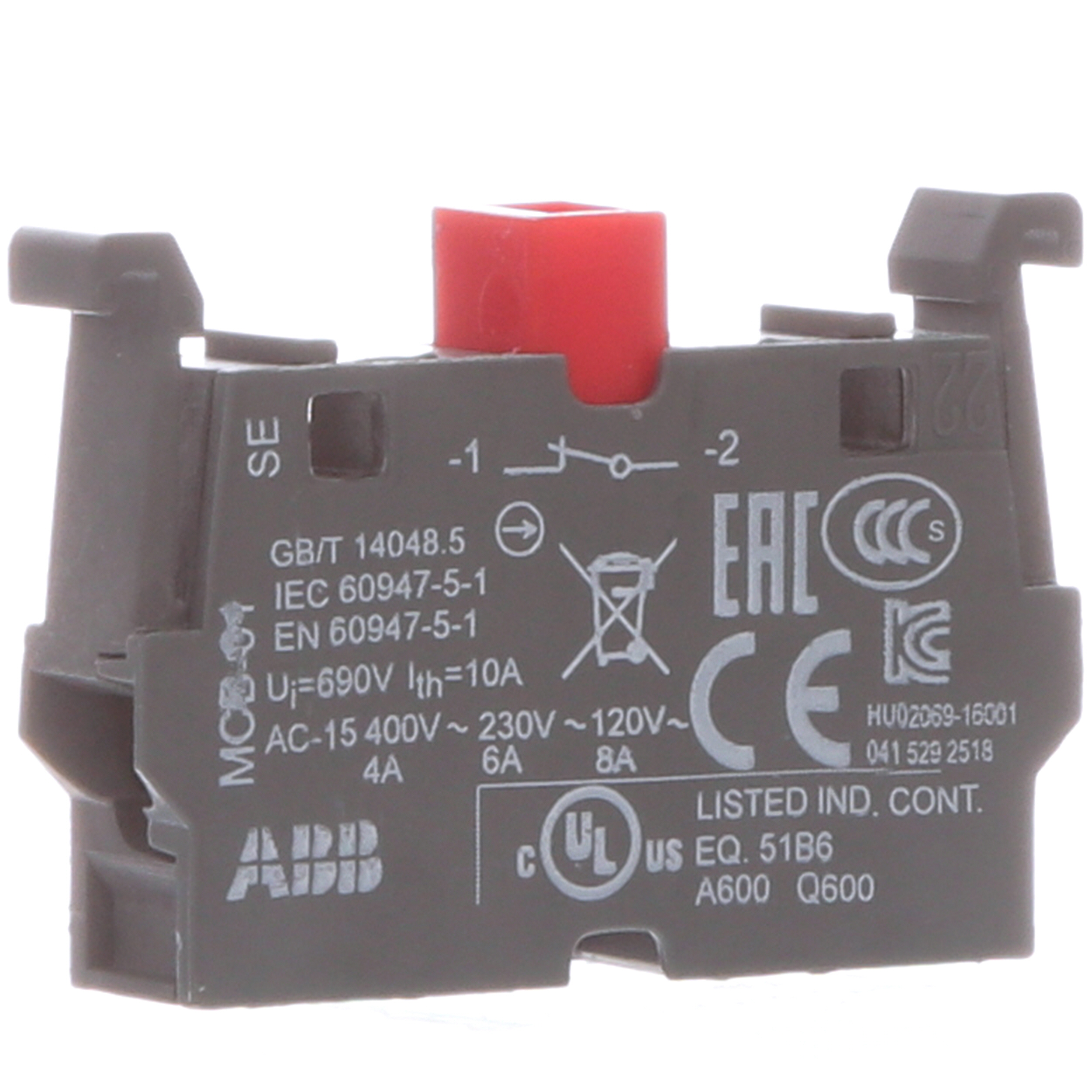 ABB MCB-01 Contact Block, SPST-NC, 6 A, 120 VAC, FrontMounting, Holder Required