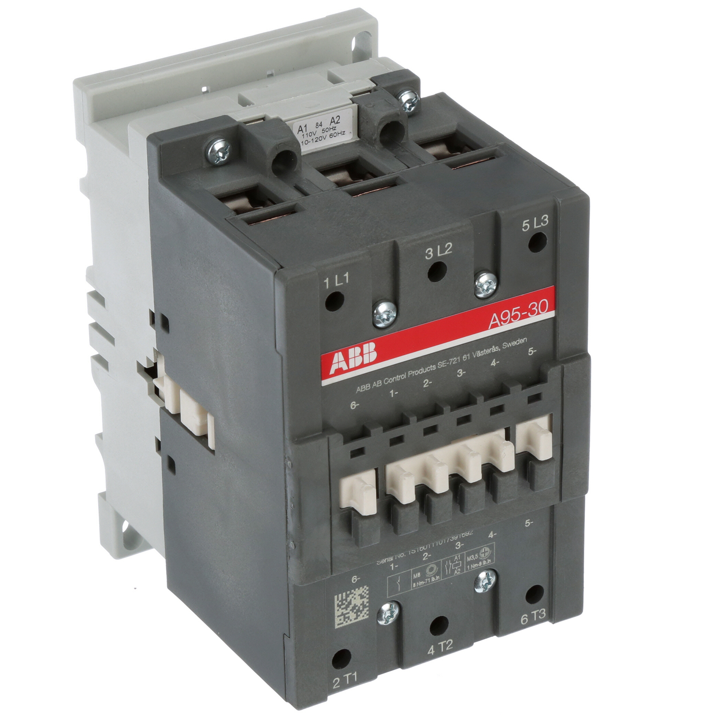 ABB A95-30-00-84 Contactor,NEMA,3 Pole,95A,110-120VAC@60Hz,110VAC@50Hz Coil,DIN Rail/Panel Mount