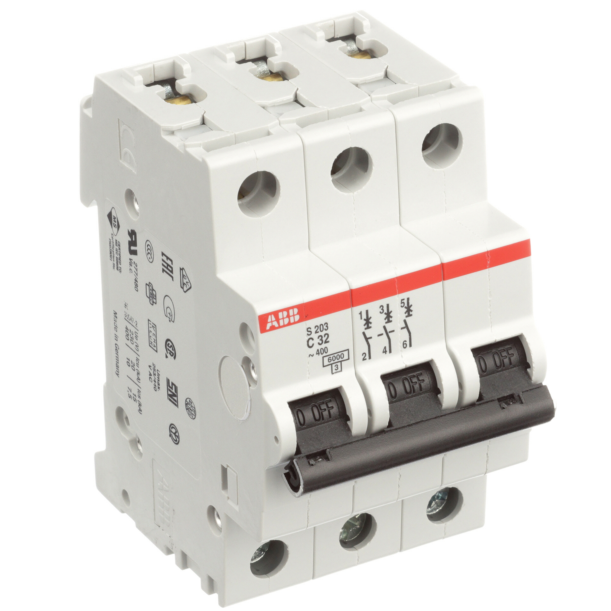 ABB S203-C32 Circuit Breaker; 3-Pole; C Curve; 32A; 6kA; 480Y/277VAC; Handle; Screw Termin.