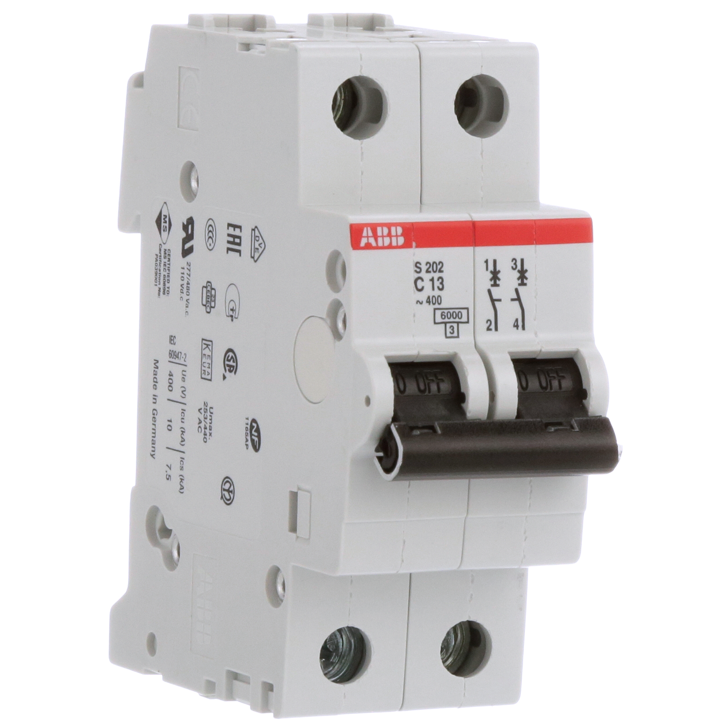 ABB S202-C13 Circuit Breaker; 2-Pole; C Curve; 13A; 6kA; 480Y/277VAC; Handle; Screw Terminals