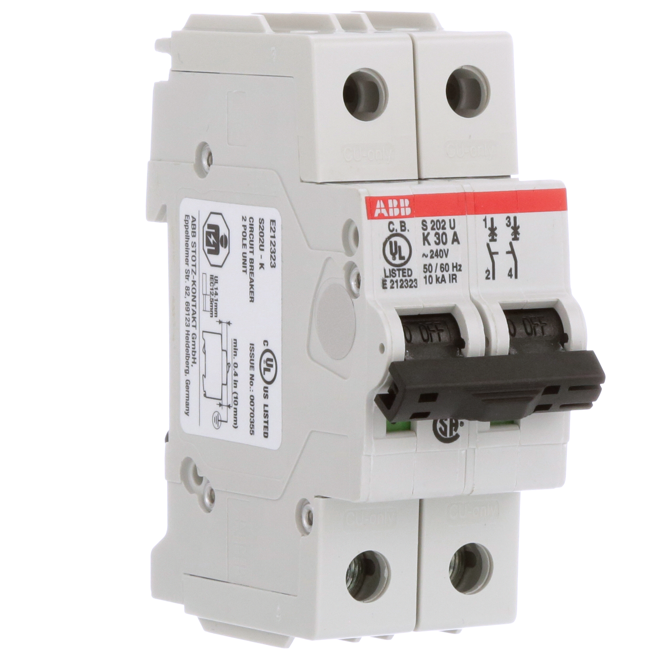 ABB S202U-K30 Circuit Breaker; 2-Pole; K Curve; 30A; 240VAC; Handle; Screw Terminals; UL 489