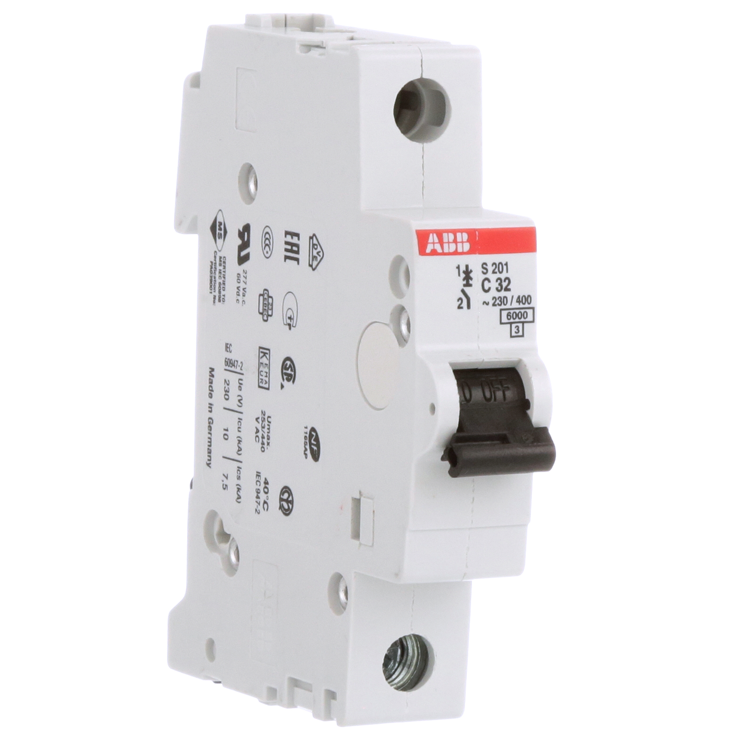 ABB S201-C32 Circuit Breaker, Supplementary, C Curve, 1-Pole, 32A, 6kA, 480Y/277VAC, UL1077