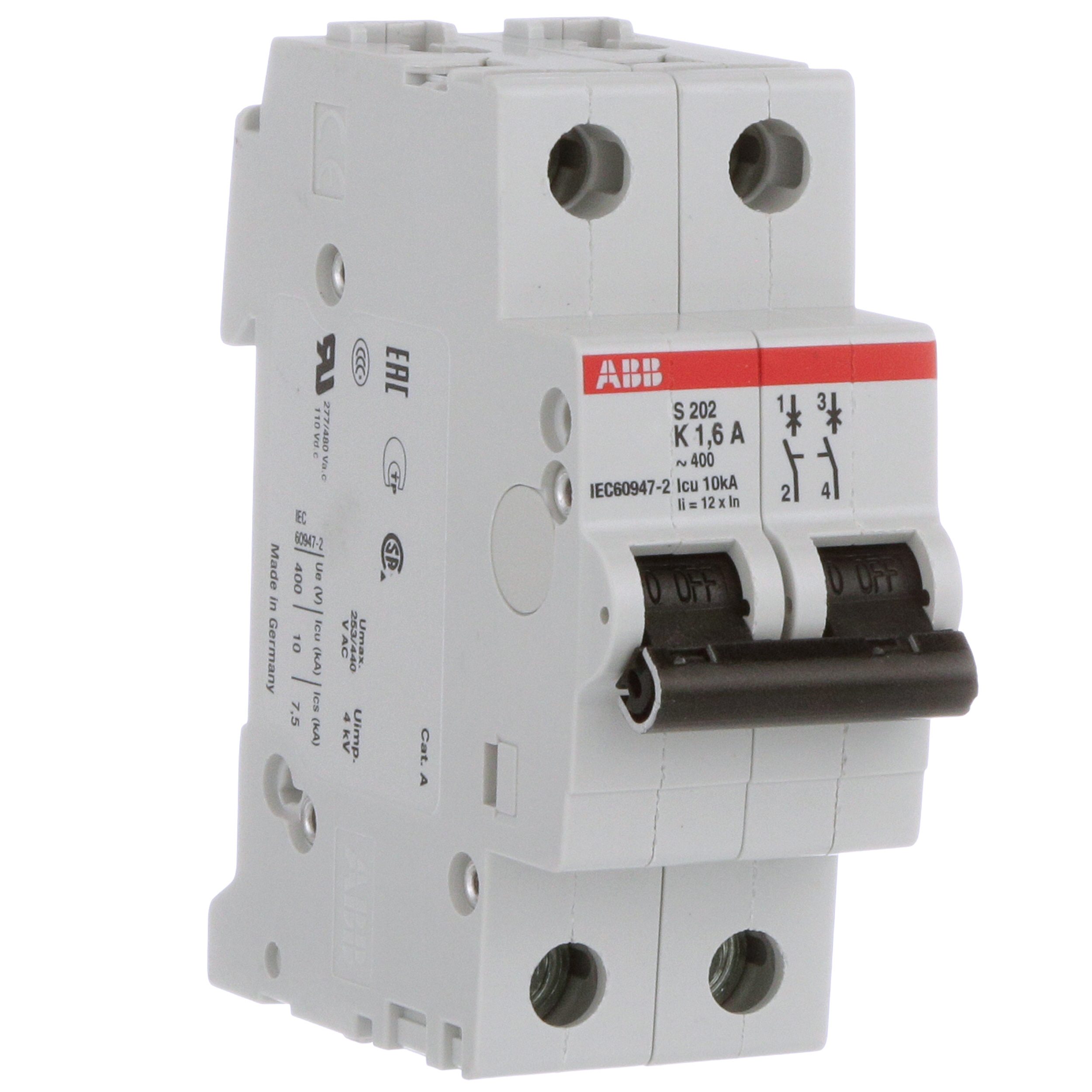 ABB S202-K1.6 Circuit Breaker, Supplementary, K Curve, 2-Pole, 1.6A, 480Y/277 VAC, UL1077, DIN