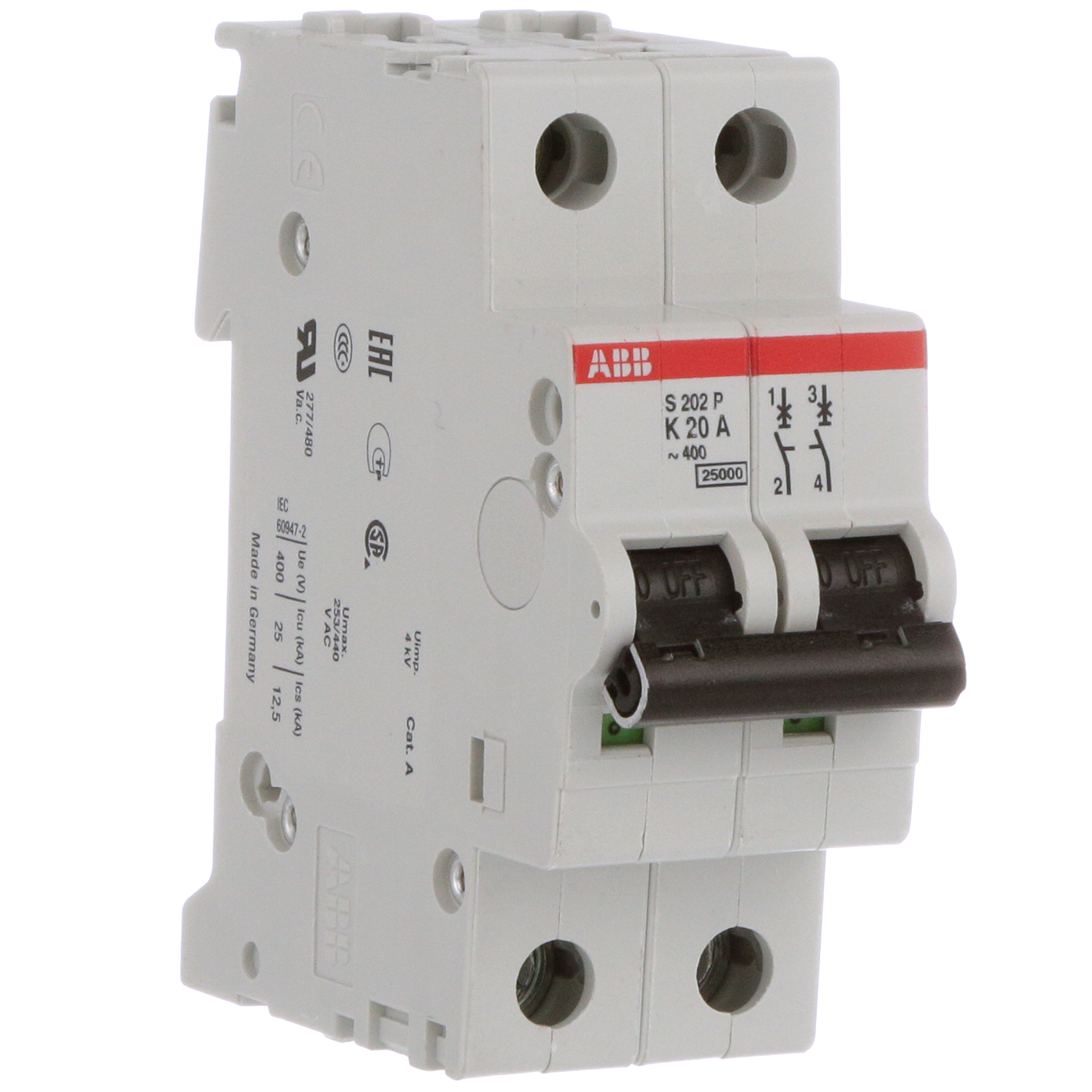 ABB S202P-K20 Circuit Breaker; 2-P; K Curve; 20A; 10kA; 480Y/277 VAC; Handle; Screw Terminals